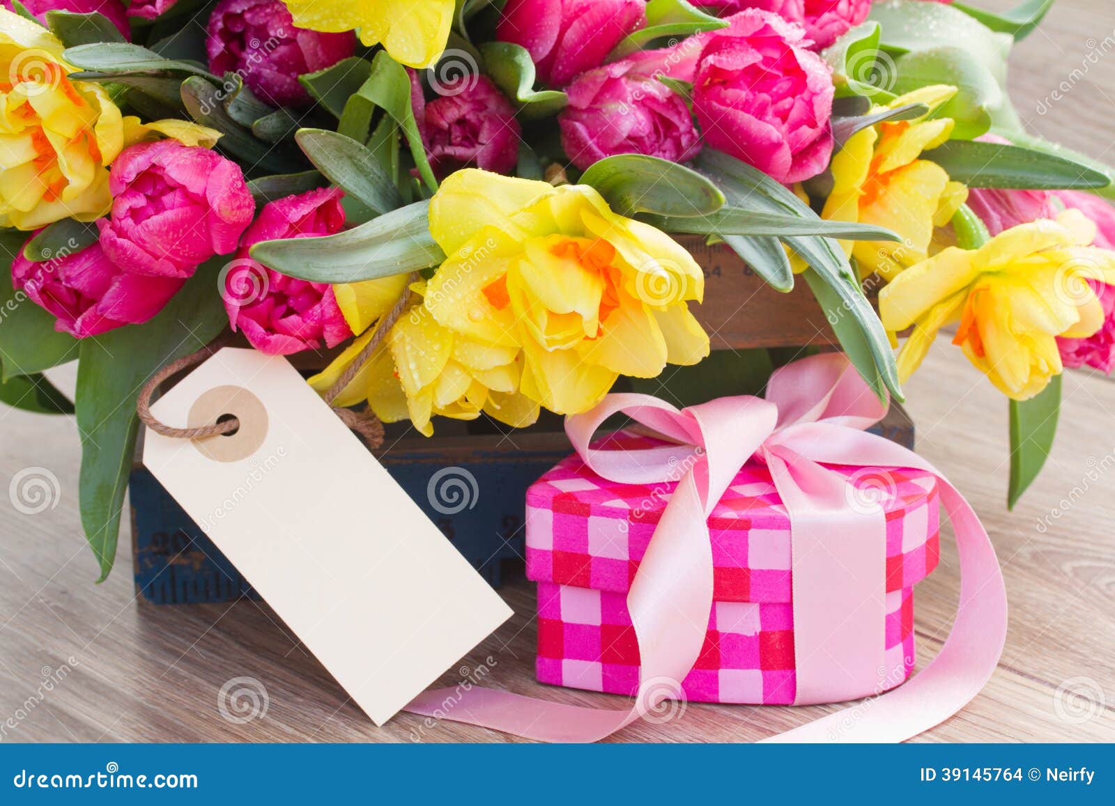 Spring Flowers with Gift Box and Empty Tag Stock Photo - Image of gift ...