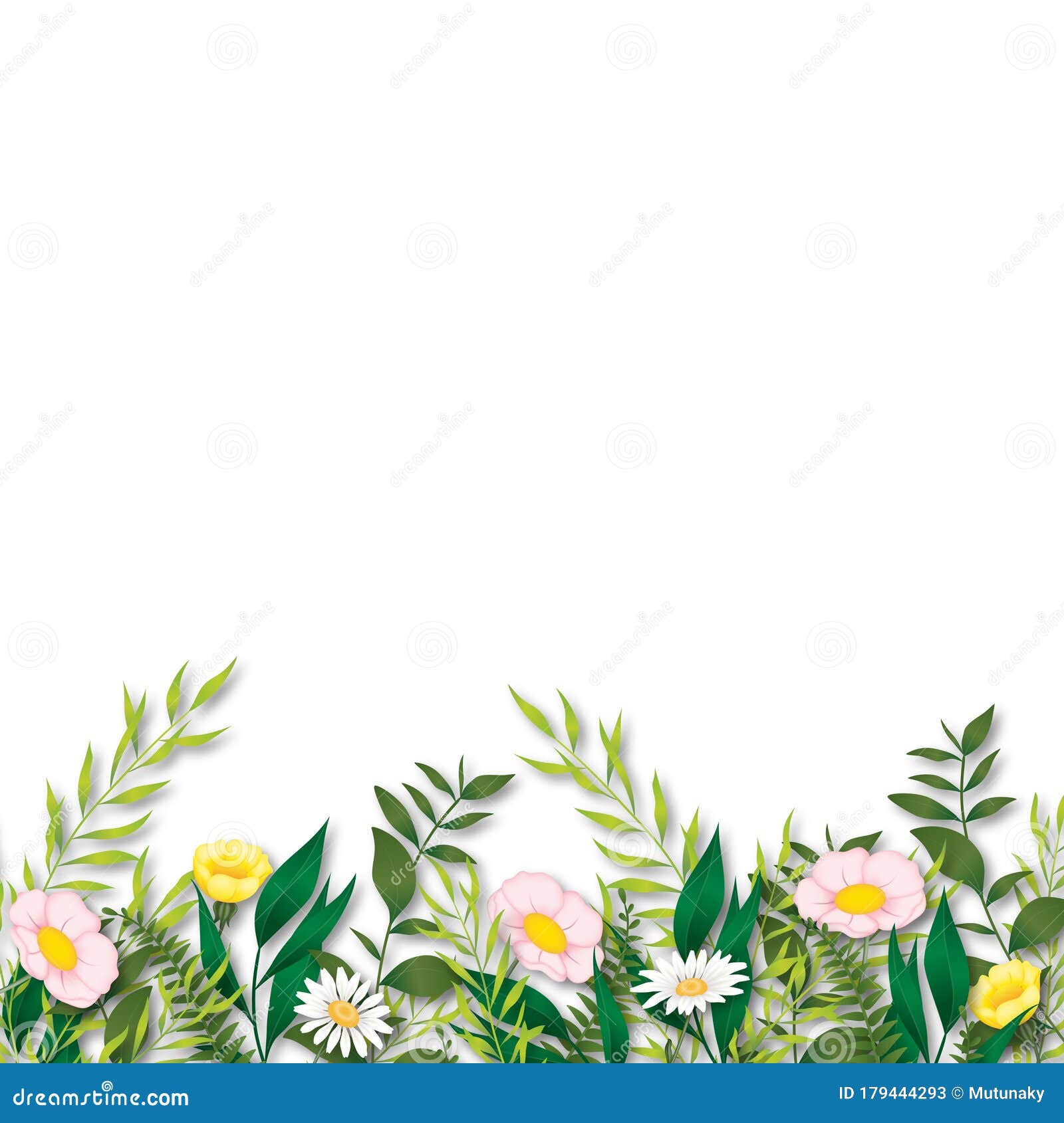 Spring Flowers and Green Leaves Border on White Stock Illustration ...