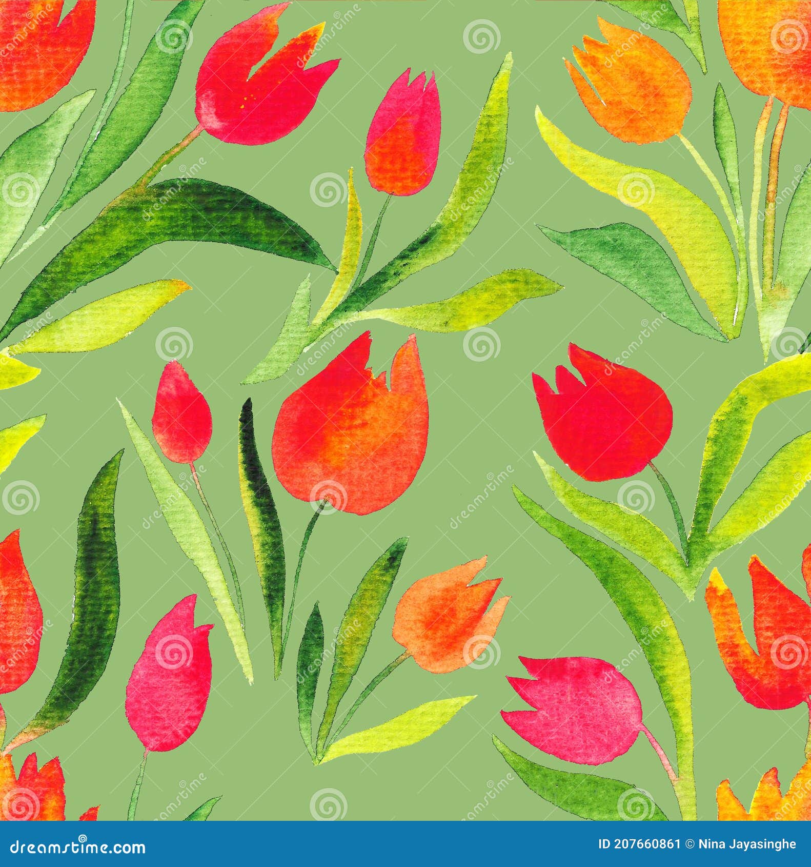 Spring Flowers Hand Drawn Pattern on Green Background Stock Image ...