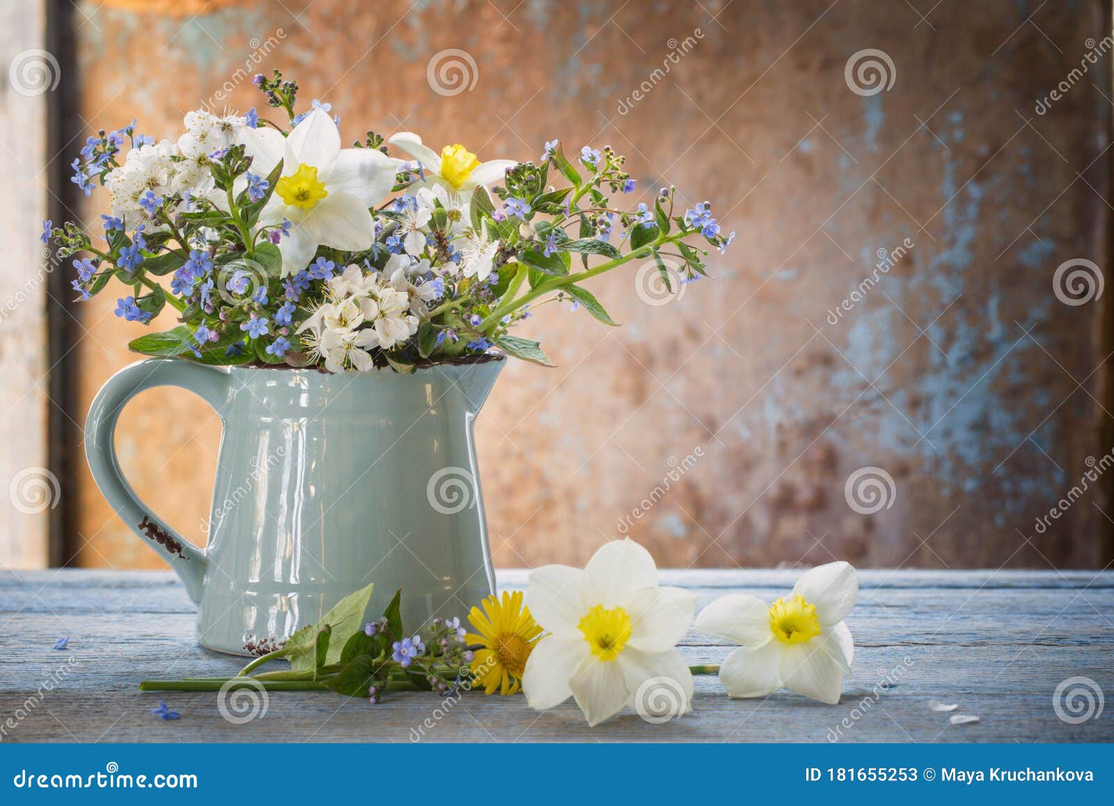 Flowers in Jug on Old Wooden Painted Background Stock Image - Image of ...