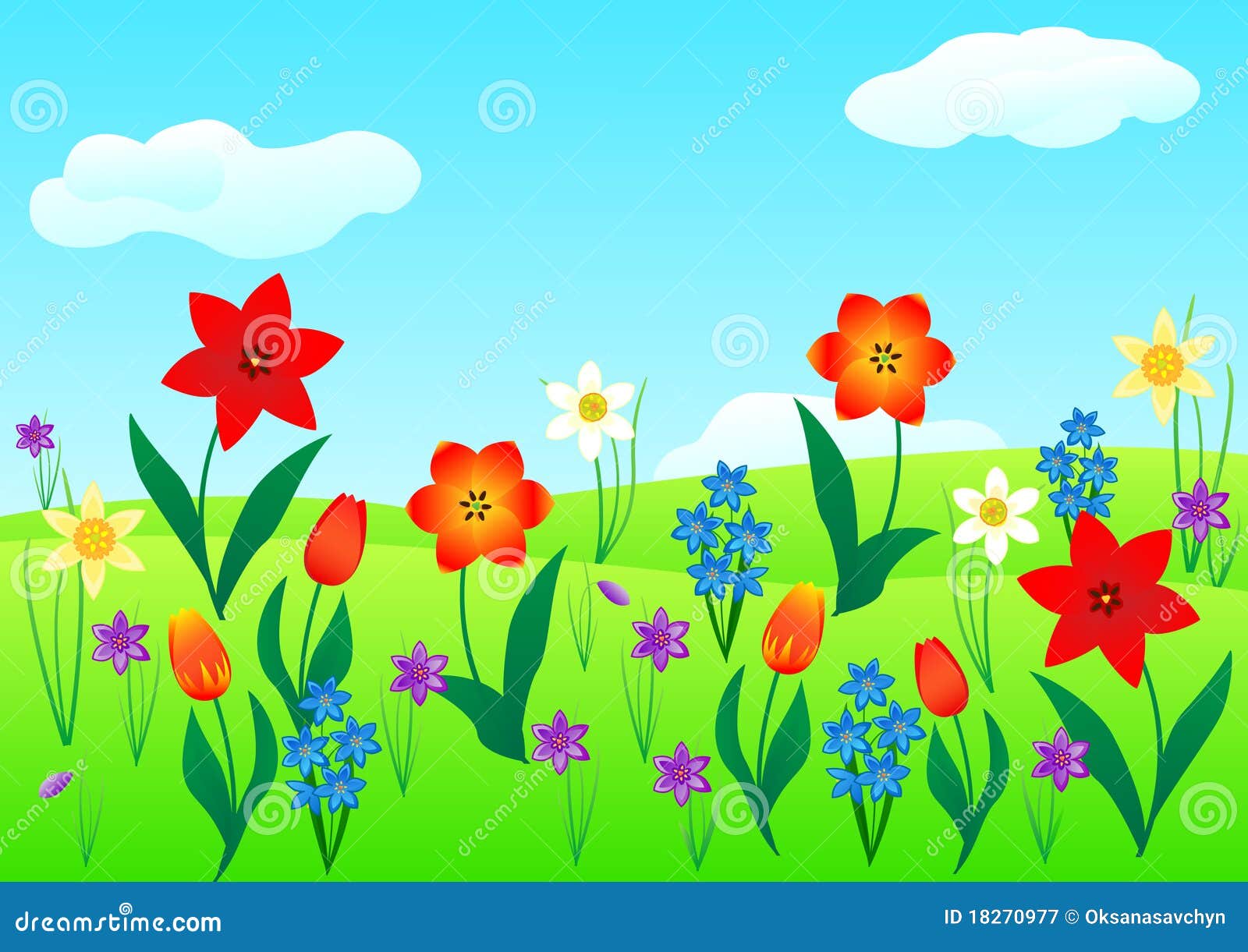 Spring Flowers in the Meadow Stock Vector - Illustration of cloud ...