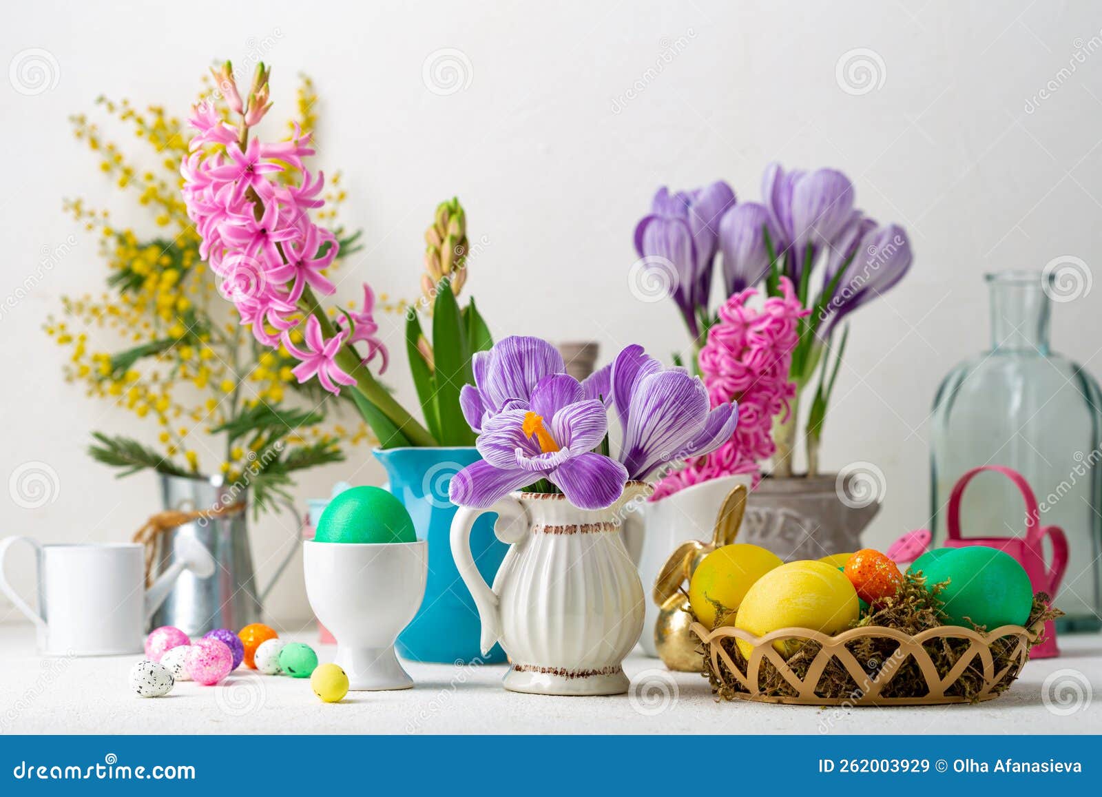 Spring Flowers in Pot and Pitcher Easter Background Stock Image - Image ...