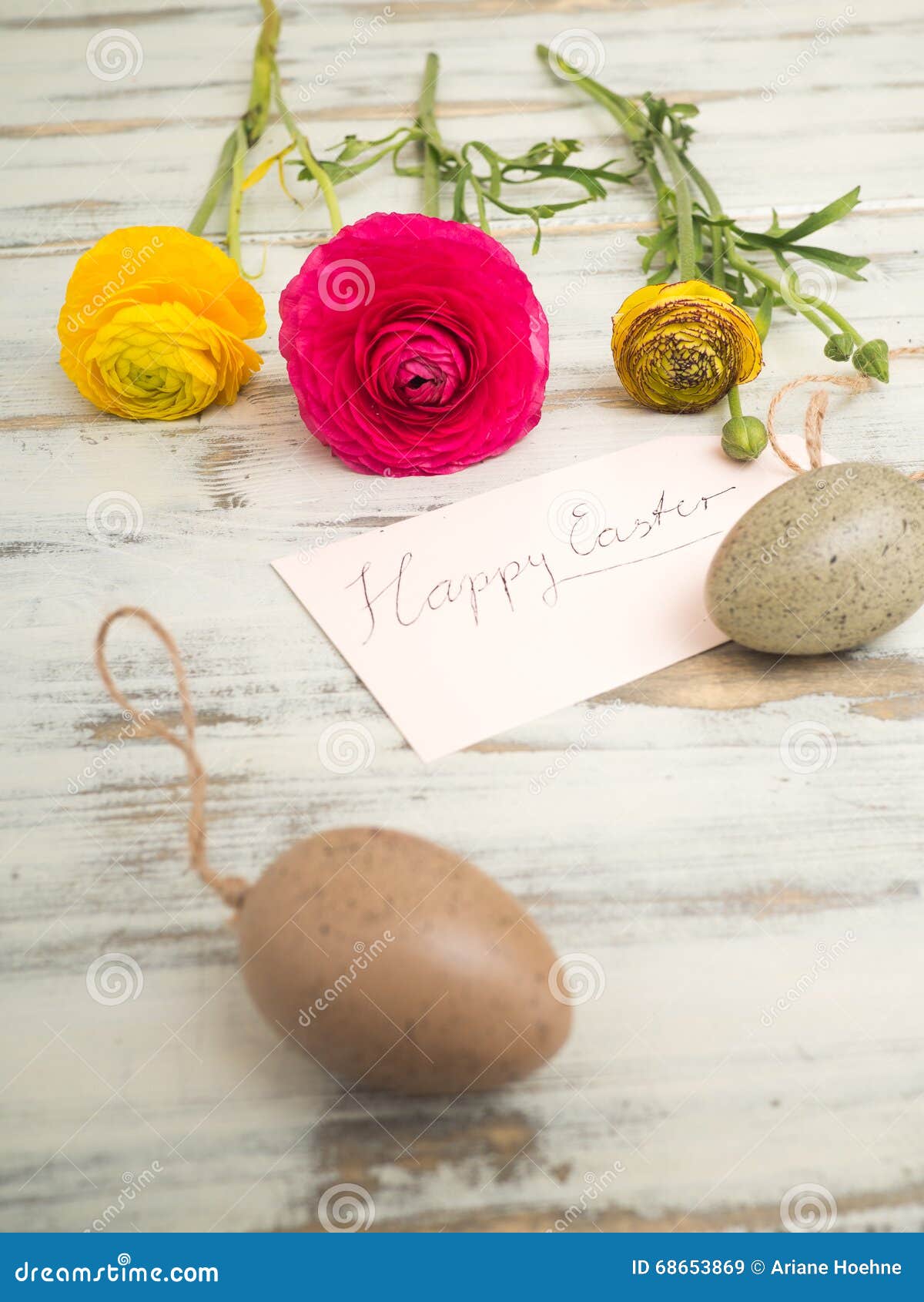 Spring Flowers with Two Easter Eggs and a Message Stock Image - Image ...