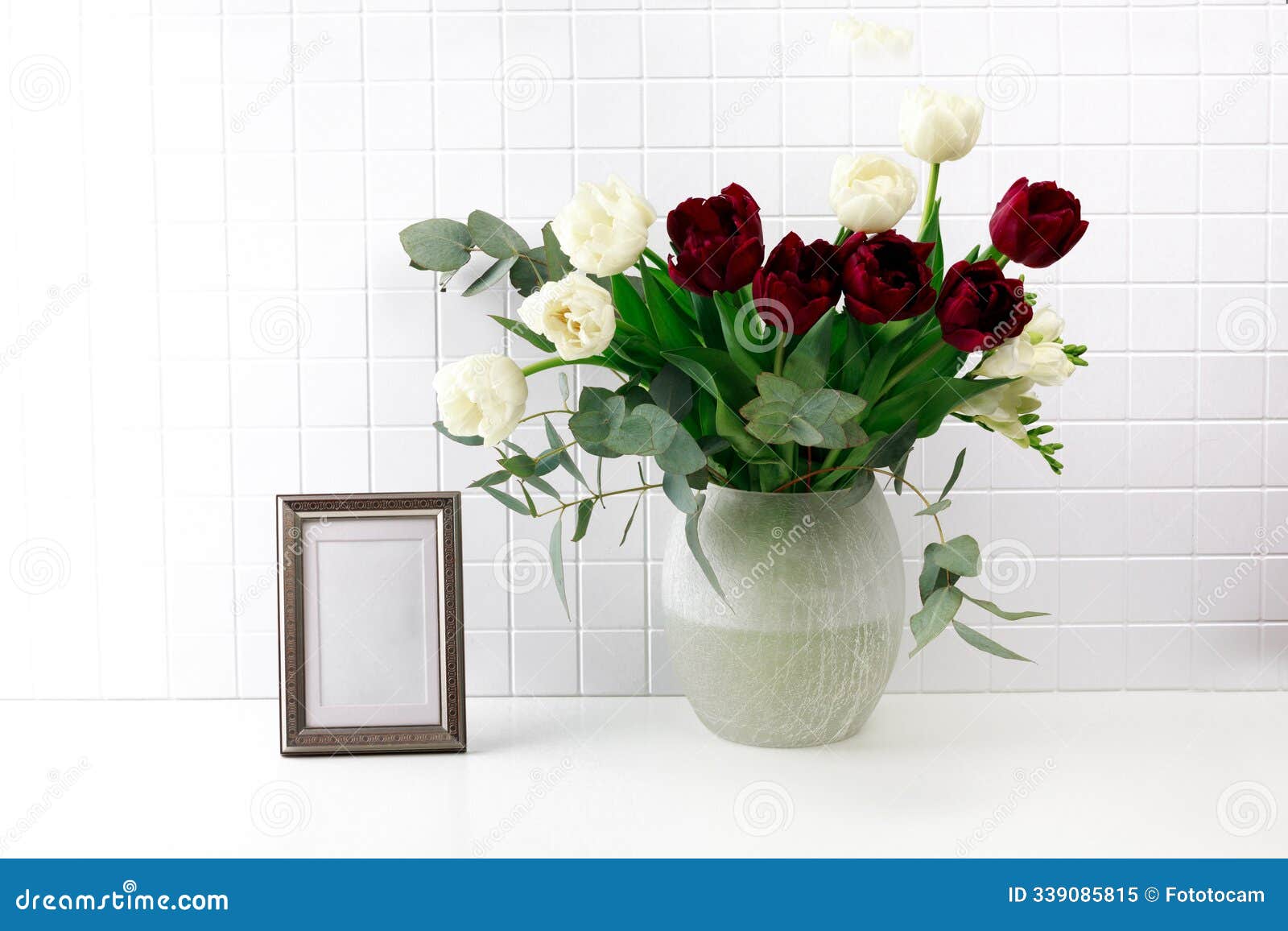 Spring Flowers in Vase and Frame on White Backround - Image Stock Image ...