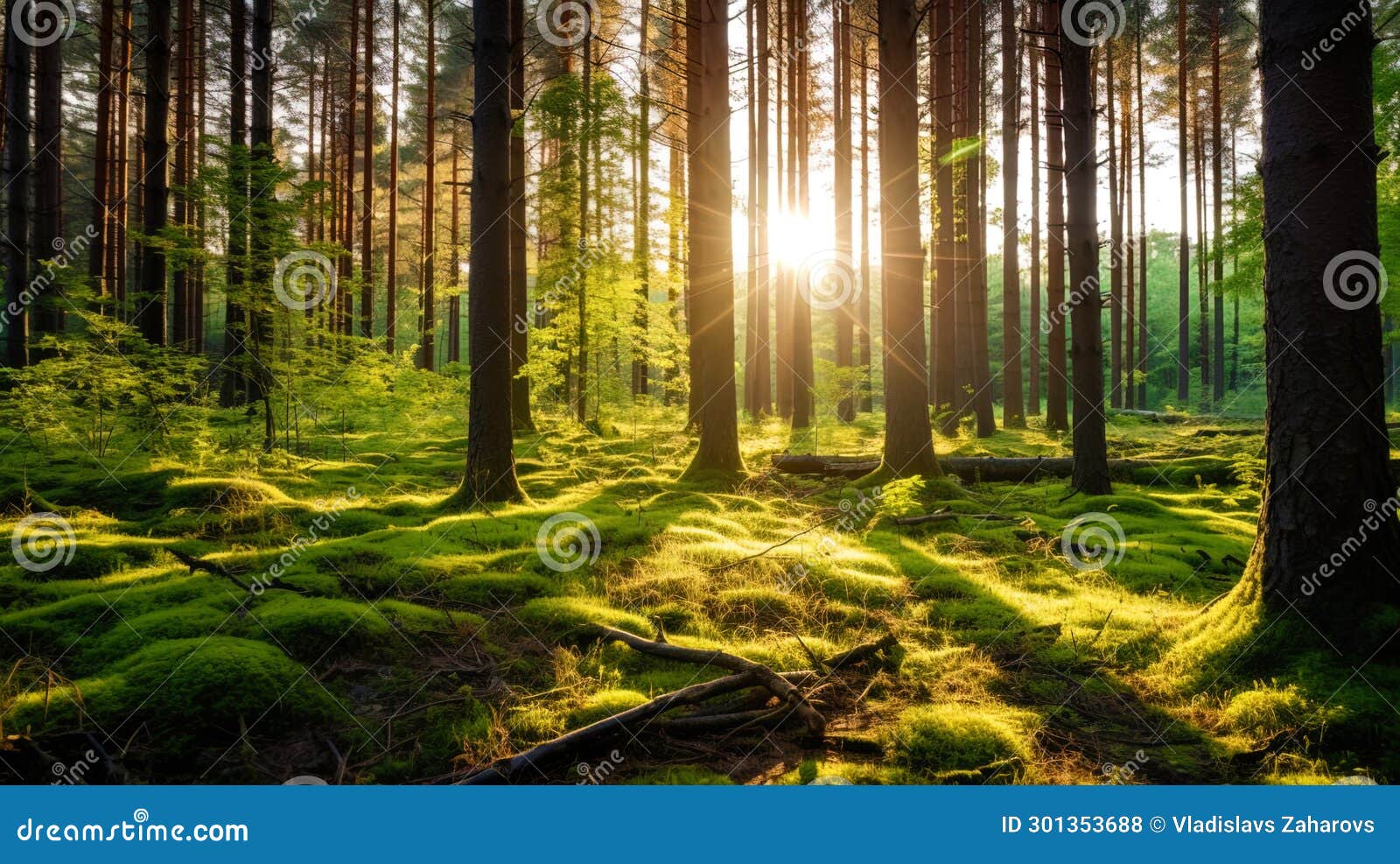 Spring Forest Landscape with Breaking the Sun Stock Illustration ...
