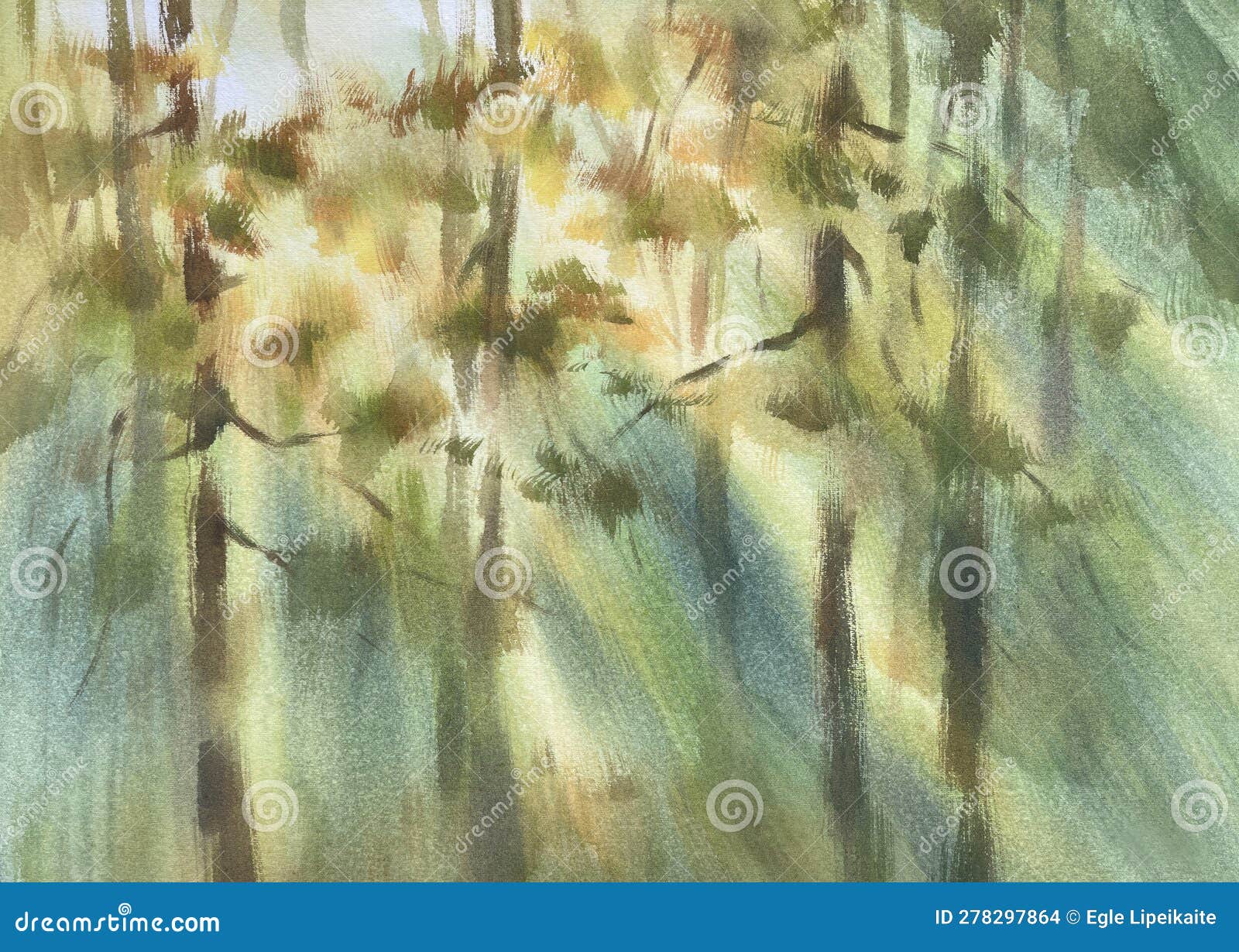 Spring Forest Landscape with Sun Light and Shadows Watercolor Bakground ...