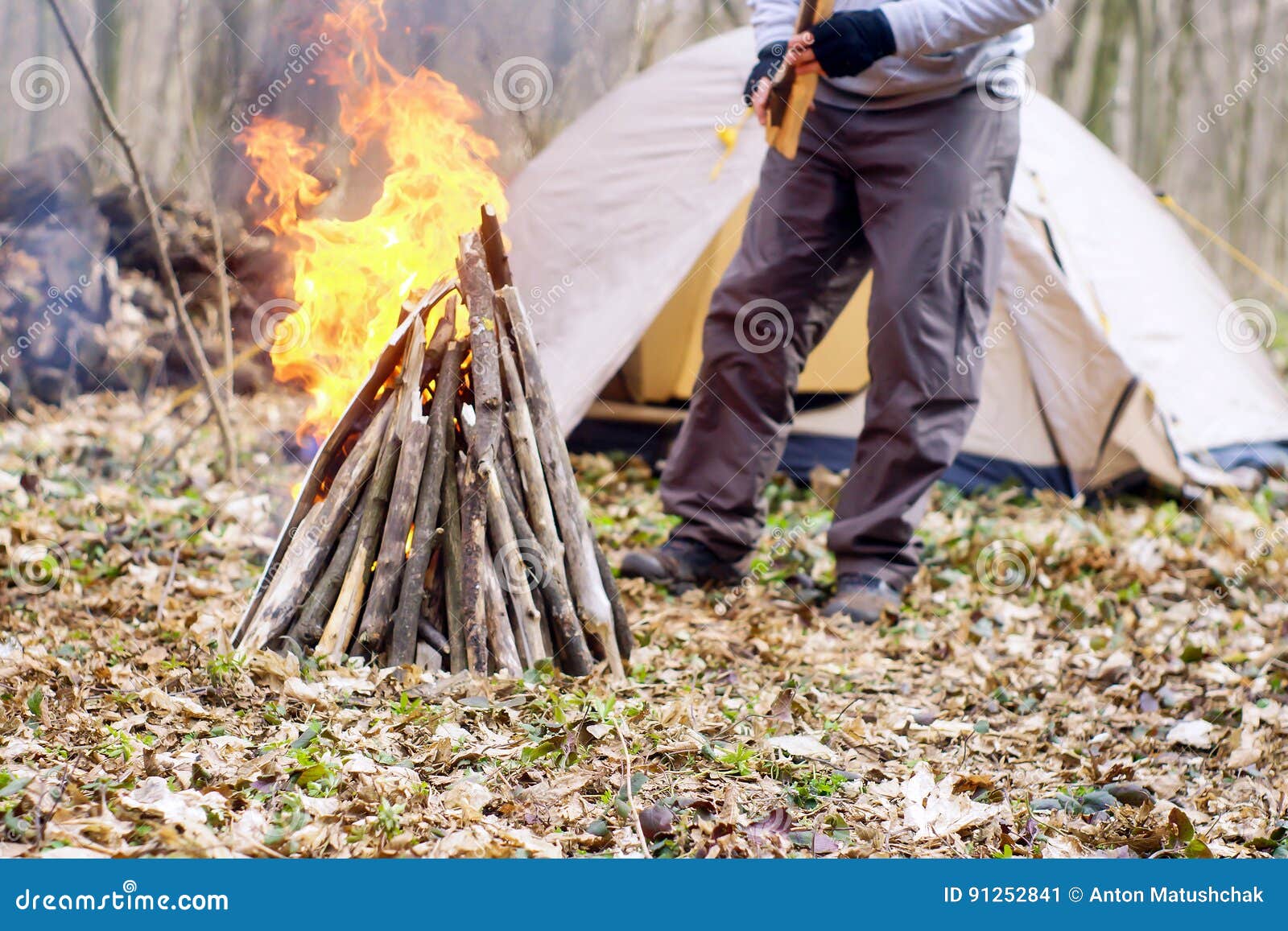 In the Spring Forest a Tent with a Fire a Stock Image - Image of ...