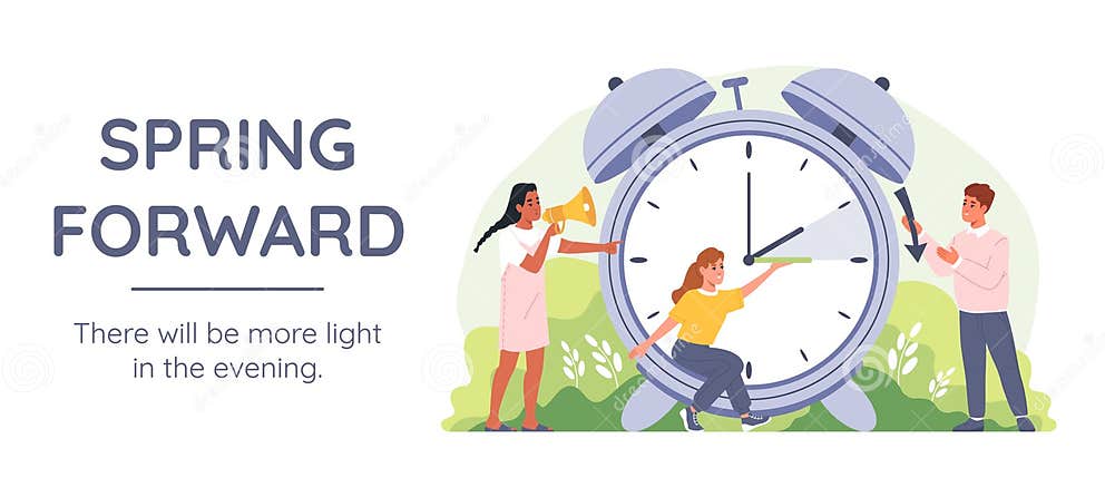 Spring Forward Banner. People Change Hands of the Clock Forward an Hour ...
