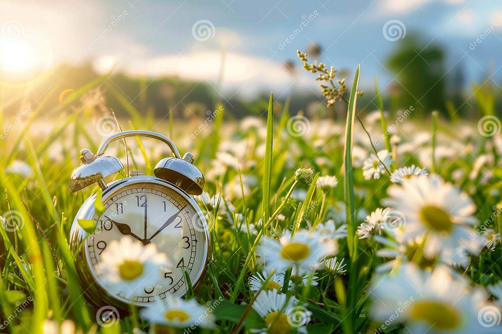 Spring Forward. Daylight Saving Time Alarm Clock on Natural Field ...