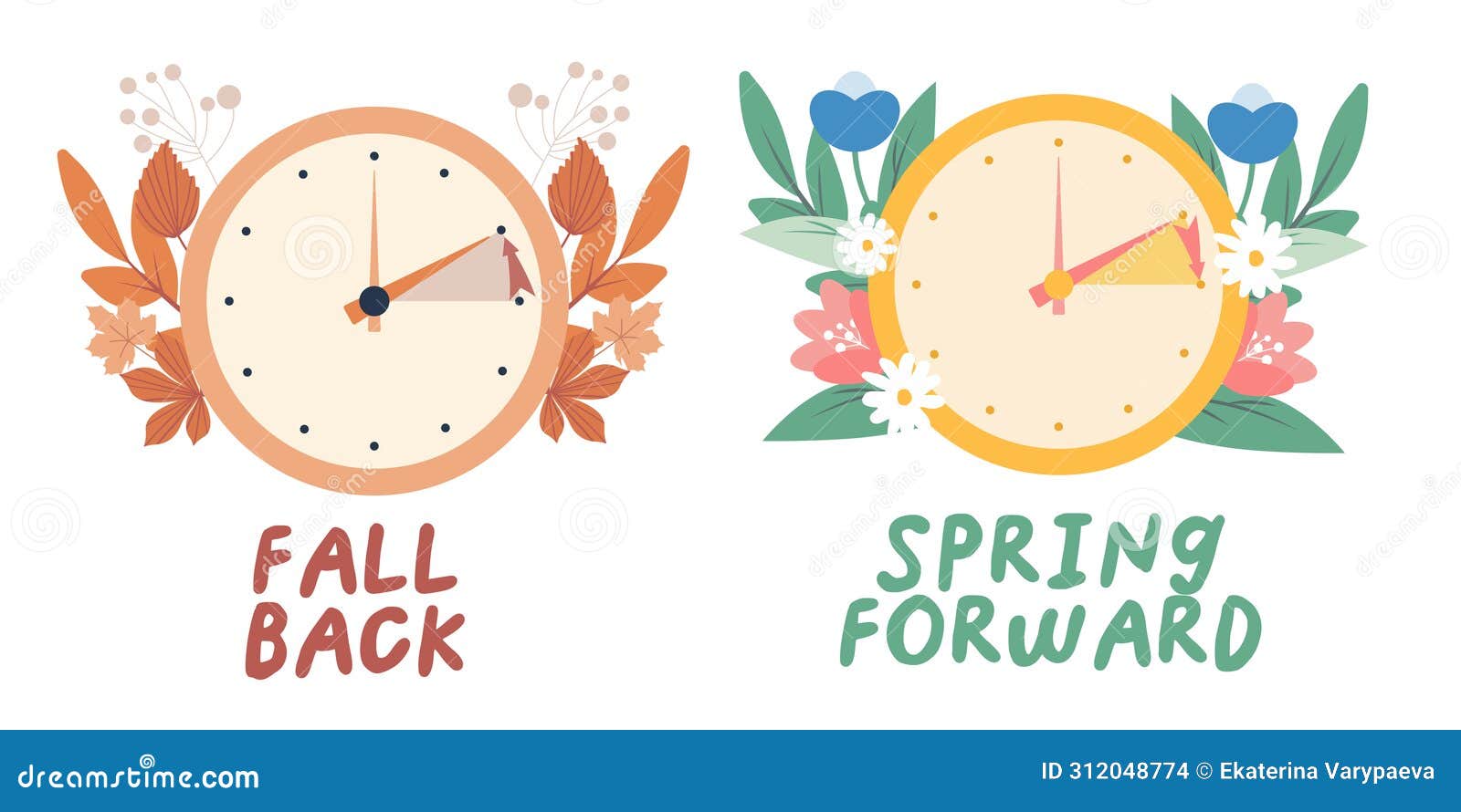 Spring Forward and Fall Back Concept in Flat Style, Change Clock ...