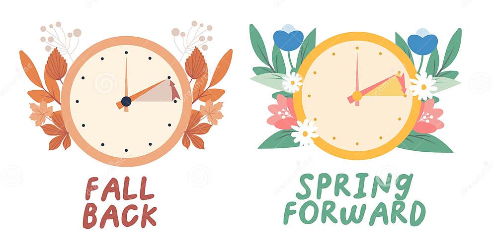 Spring Forward and Fall Back Concept in Flat Style, Change Clock ...