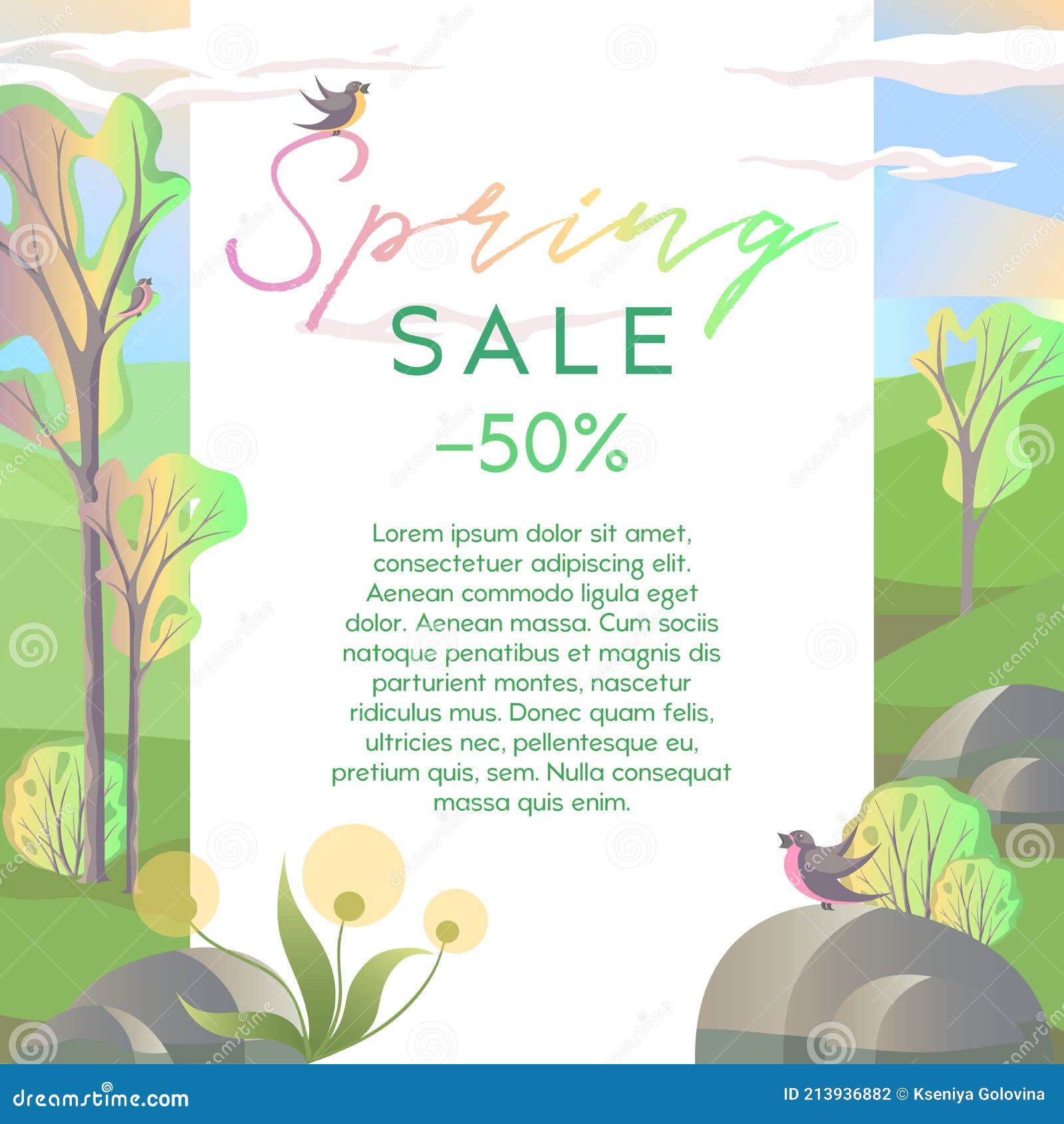 Spring, Frame Template with Sunny Landscape for Sale, Announcement ...