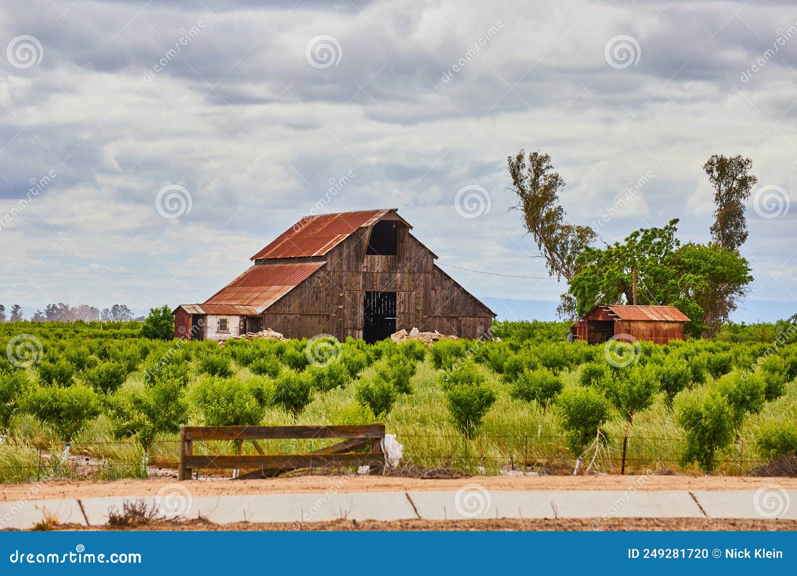 Spring Fruit Farm with Red Barn on Cloudy Day Stock Photo - Image of ...