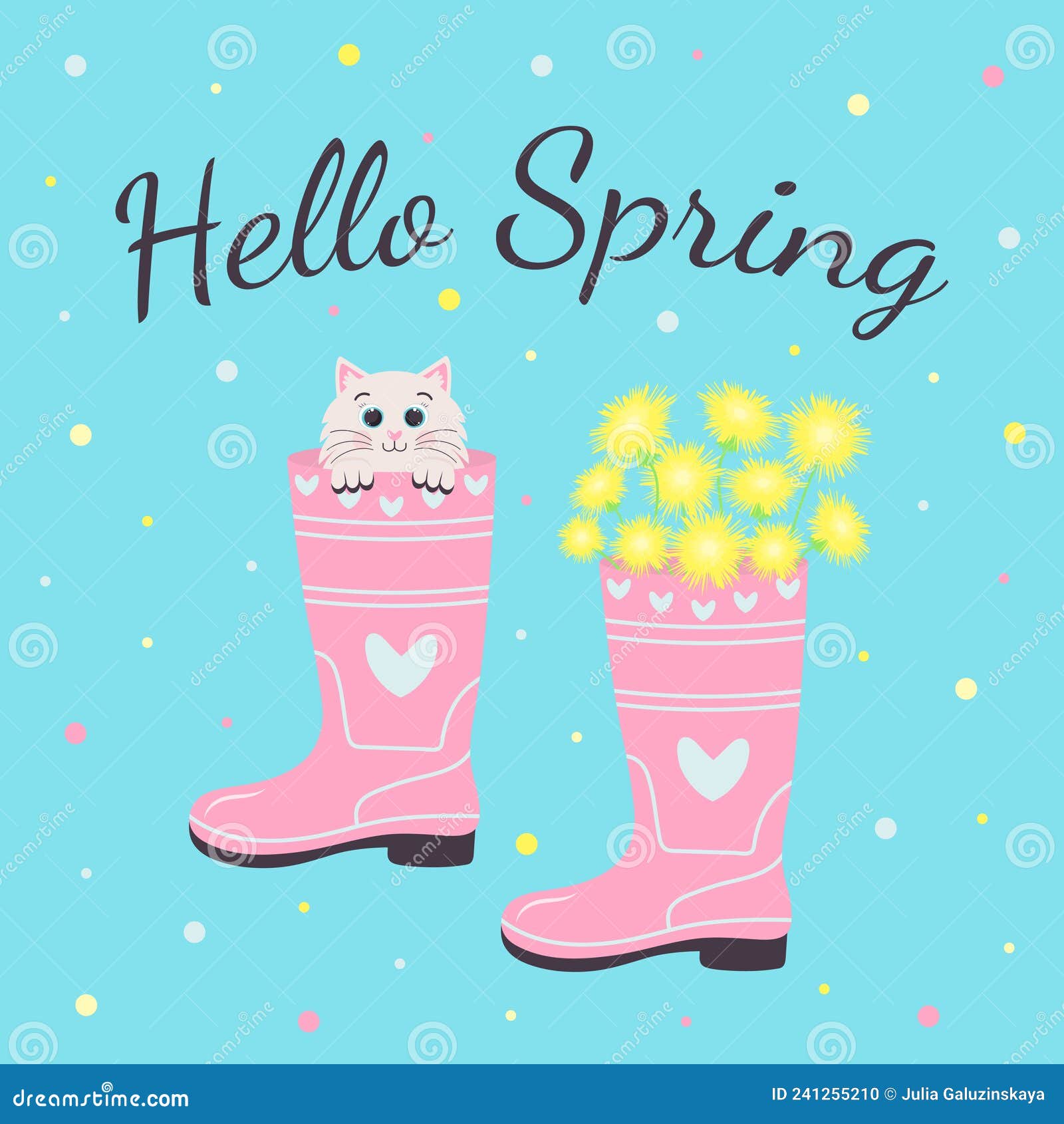 Spring Garden Rubber Boots with a Bouquet of Dandelions and a Cute Kitty with Big Eyes Sitting ...