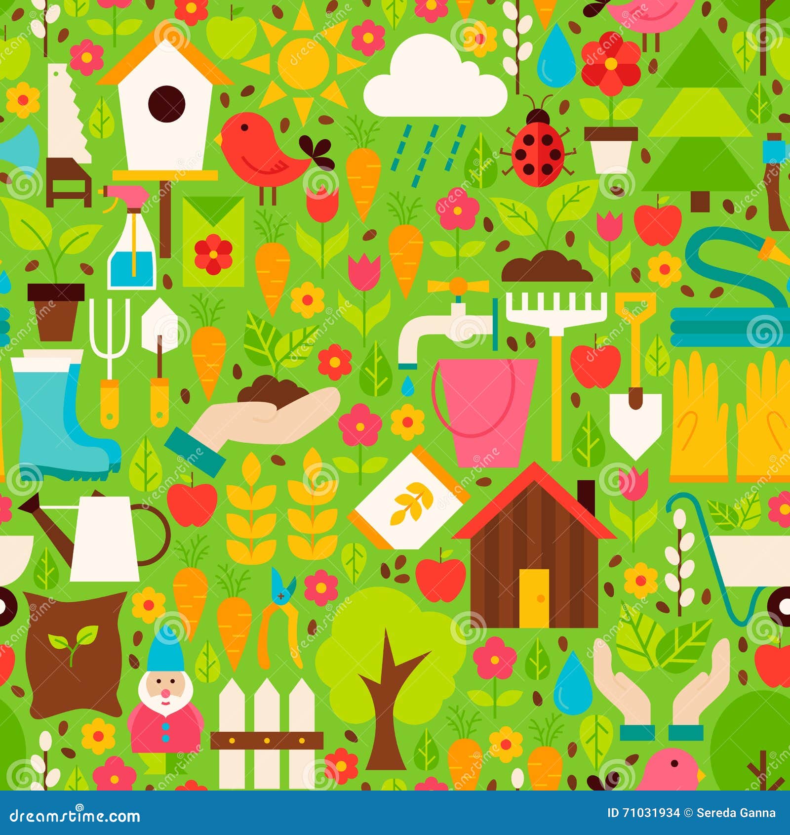 Spring Garden Vector Flat Design Green Seamless Pattern Stock Vector ...