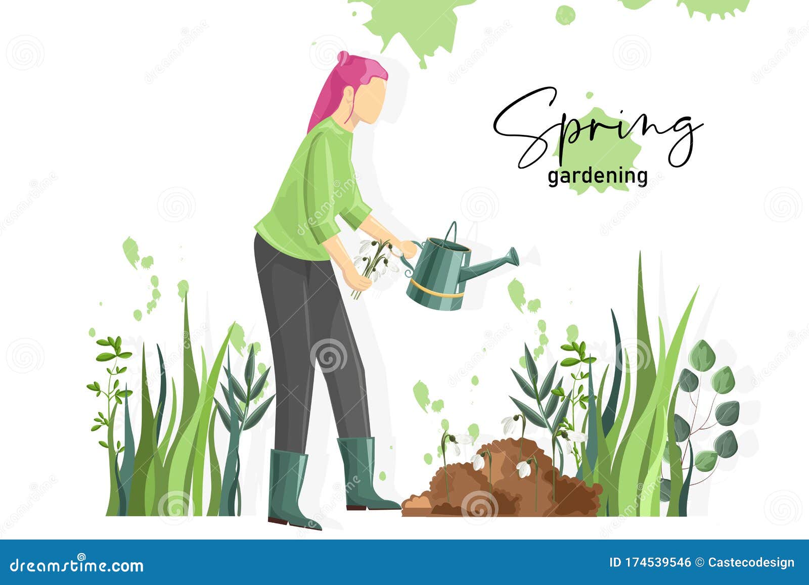 Spring Gardening Composition with a Woman Watering Snowdrops Stock Vector - Illustration of ...