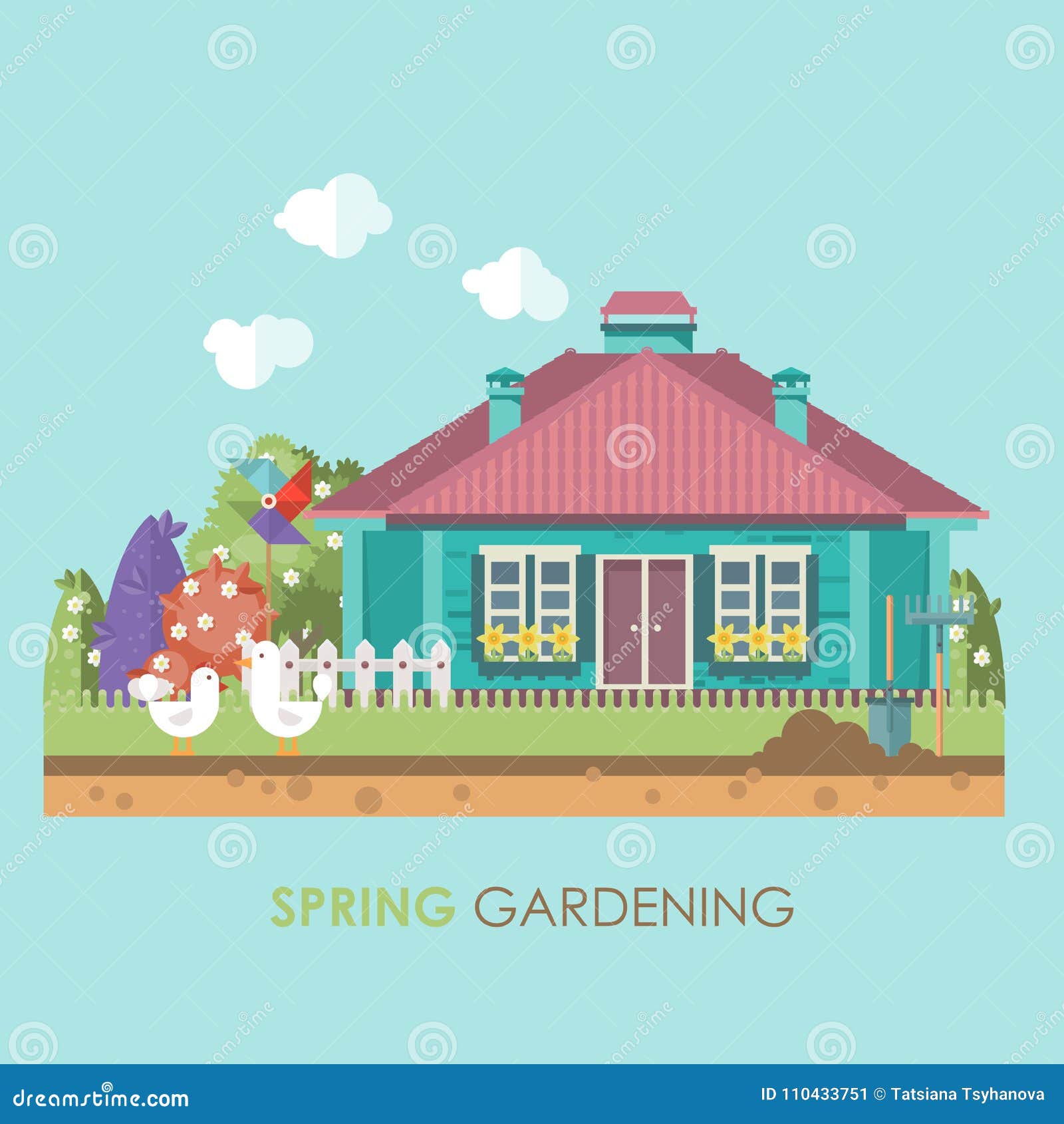 Spring Gardening Vector Flat Illustration in Pastel Colors with Cute ...