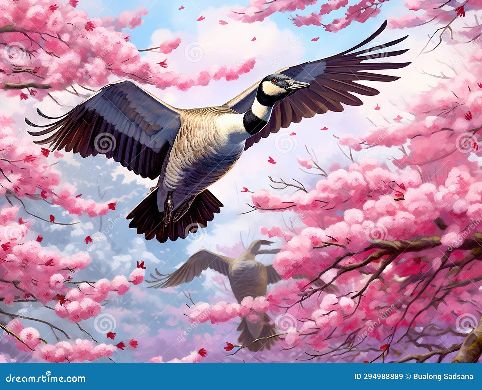 Spring Goose in Flight with Crab Apple Stock Illustration ...