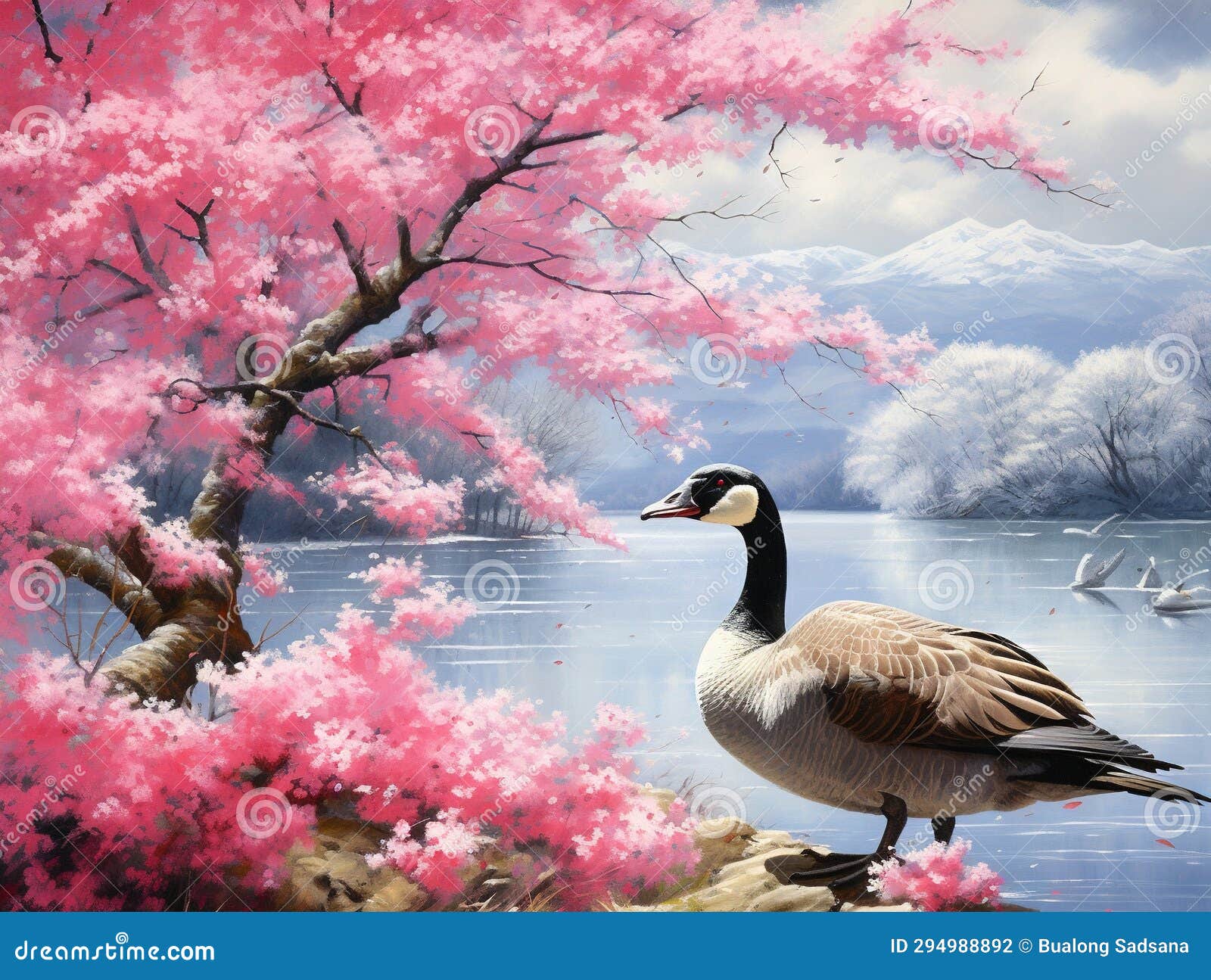 Spring Goose in Flight with Crab Apple Stock Illustration ...
