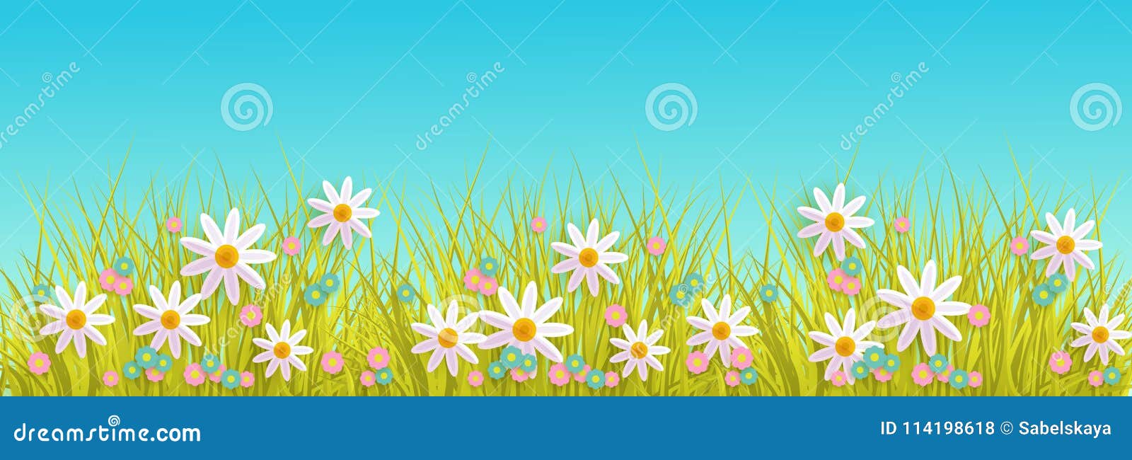 Spring Grass and Flowers Border on Blue Sky Background with Copy Space ...