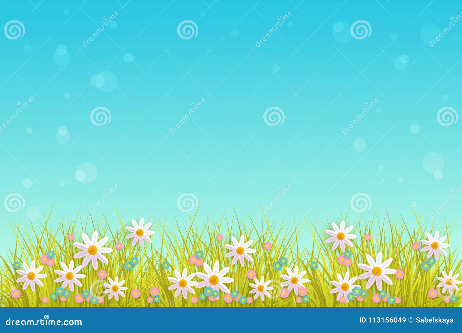Spring Grass and Flowers Border on Blue Sky Background with Empty Space ...