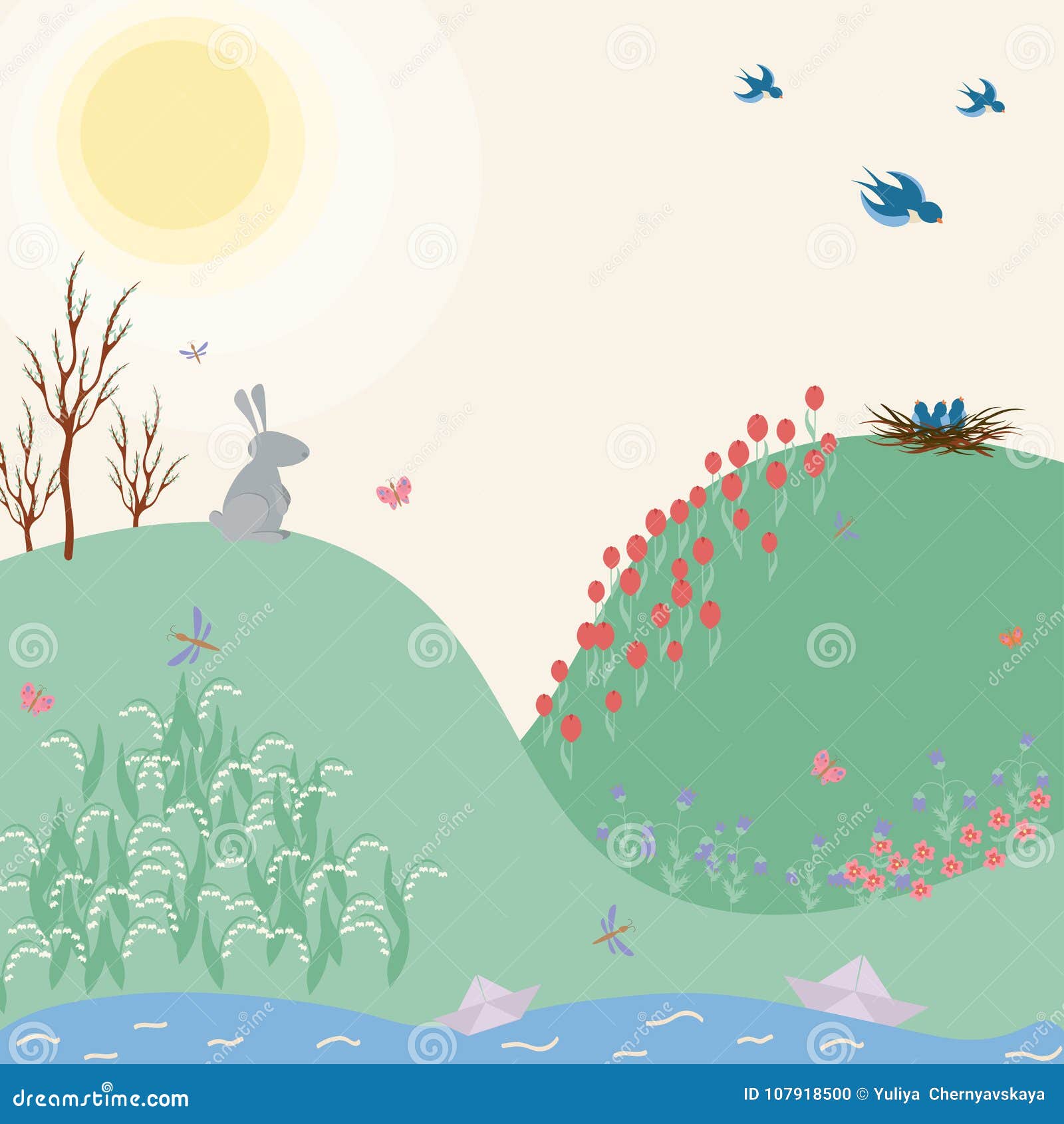 Spring Green Flat Landscape with Flowers Rabbit and Stream Stock Vector ...