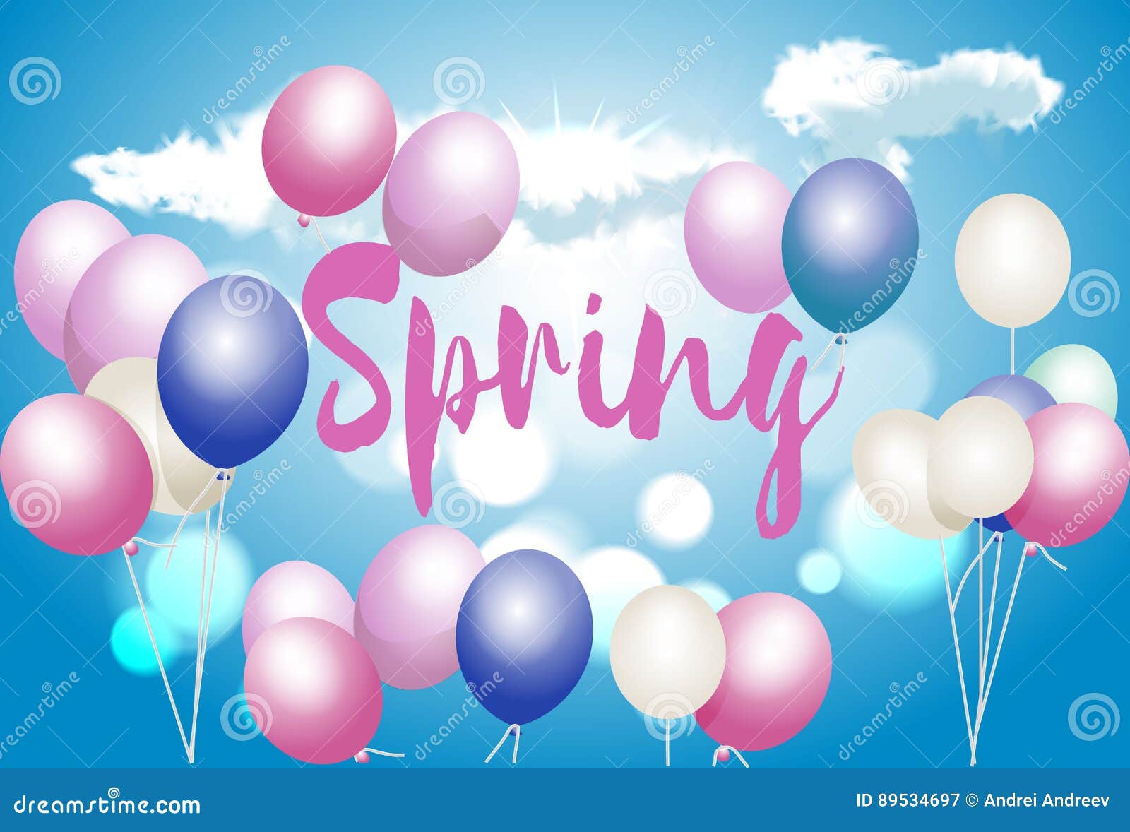 Spring Greeting Card with Balloons, a Sign on a Blue Sky Background ...