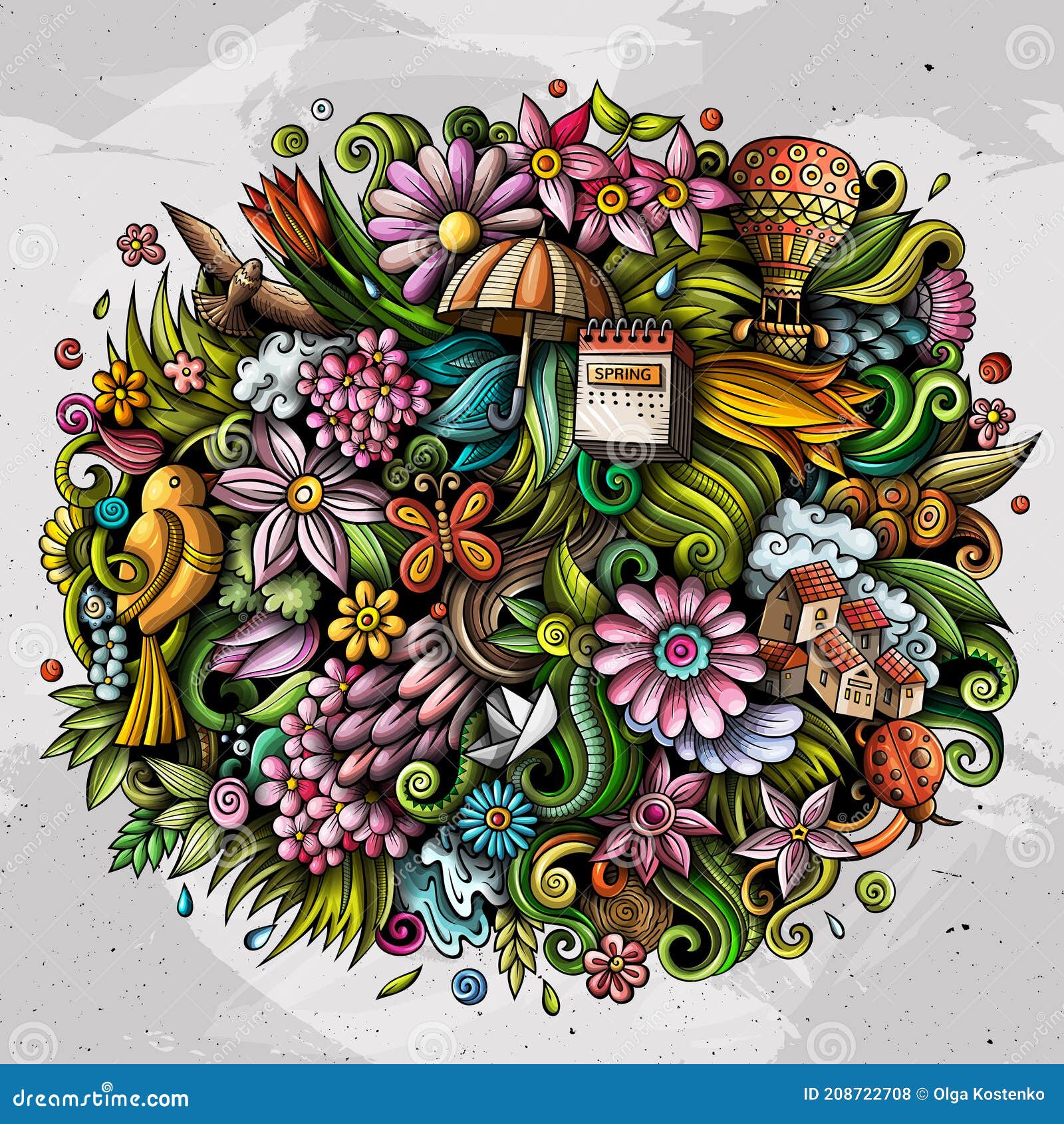 Spring Hand Drawn Cartoon Doodle Illustration. Funny Seasonal Design ...