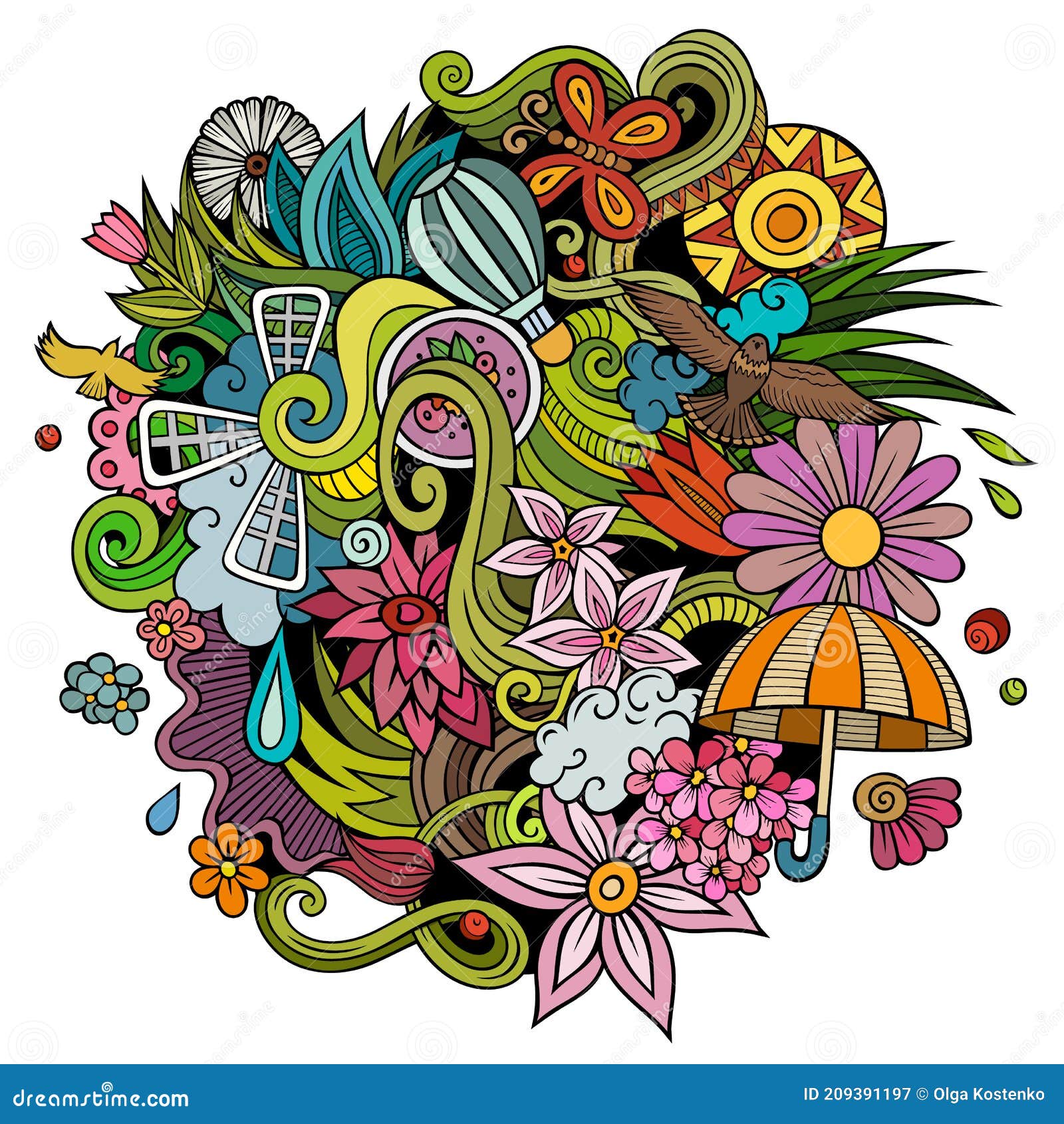 Spring Hand Drawn Cartoon Doodle Illustration. Funny Seasonal Design ...