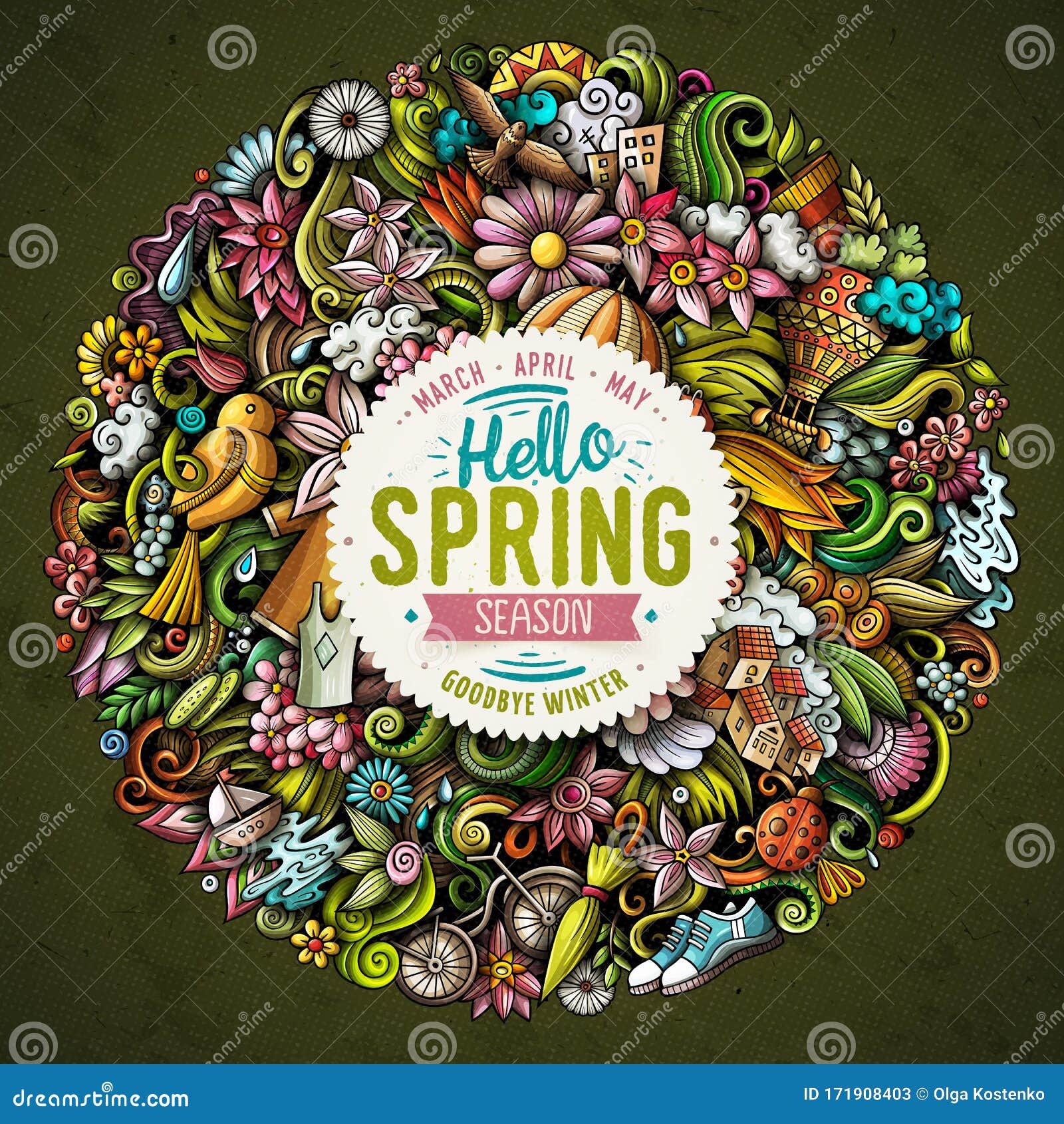 Spring Hand Drawn Vector Doodles Illustration. Nature Round Design ...