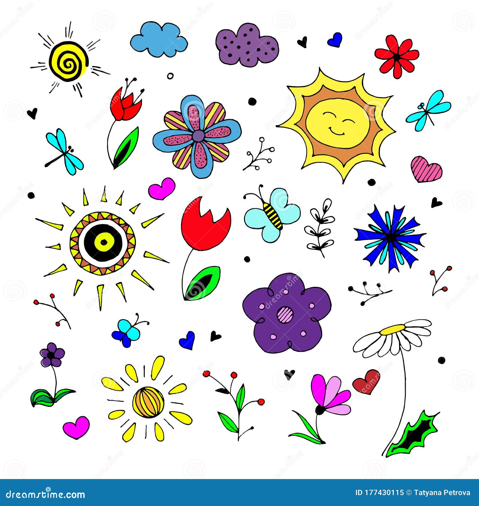 Spring Hand Drawn Vector Set. Colored Cartoon Set of Objects and ...