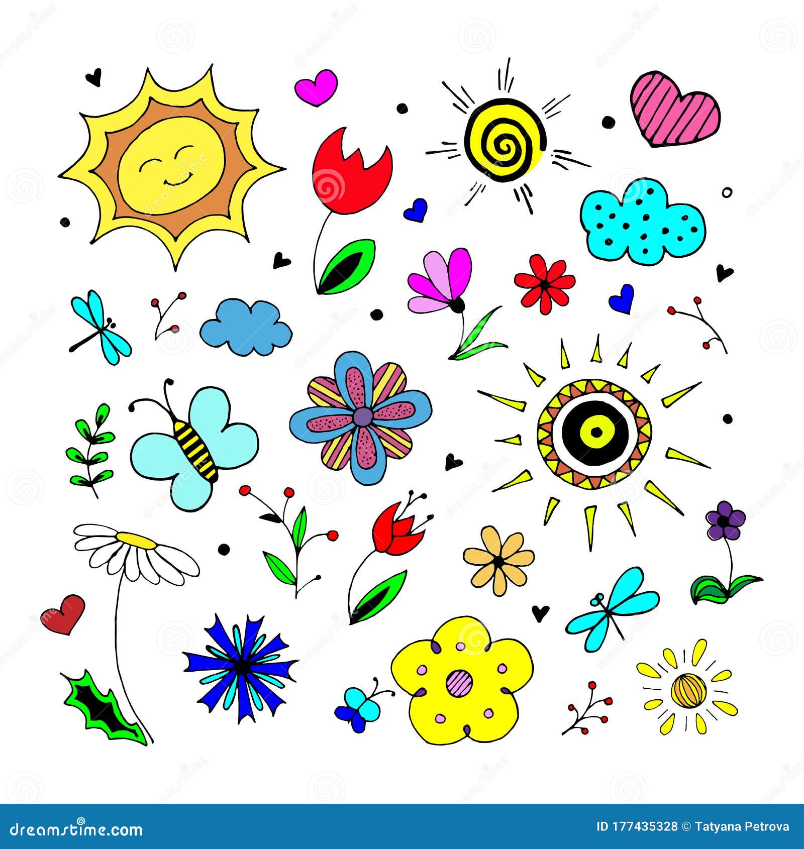 Spring Hand Drawn Vector Set. Colored Cartoon Set of Objects and ...