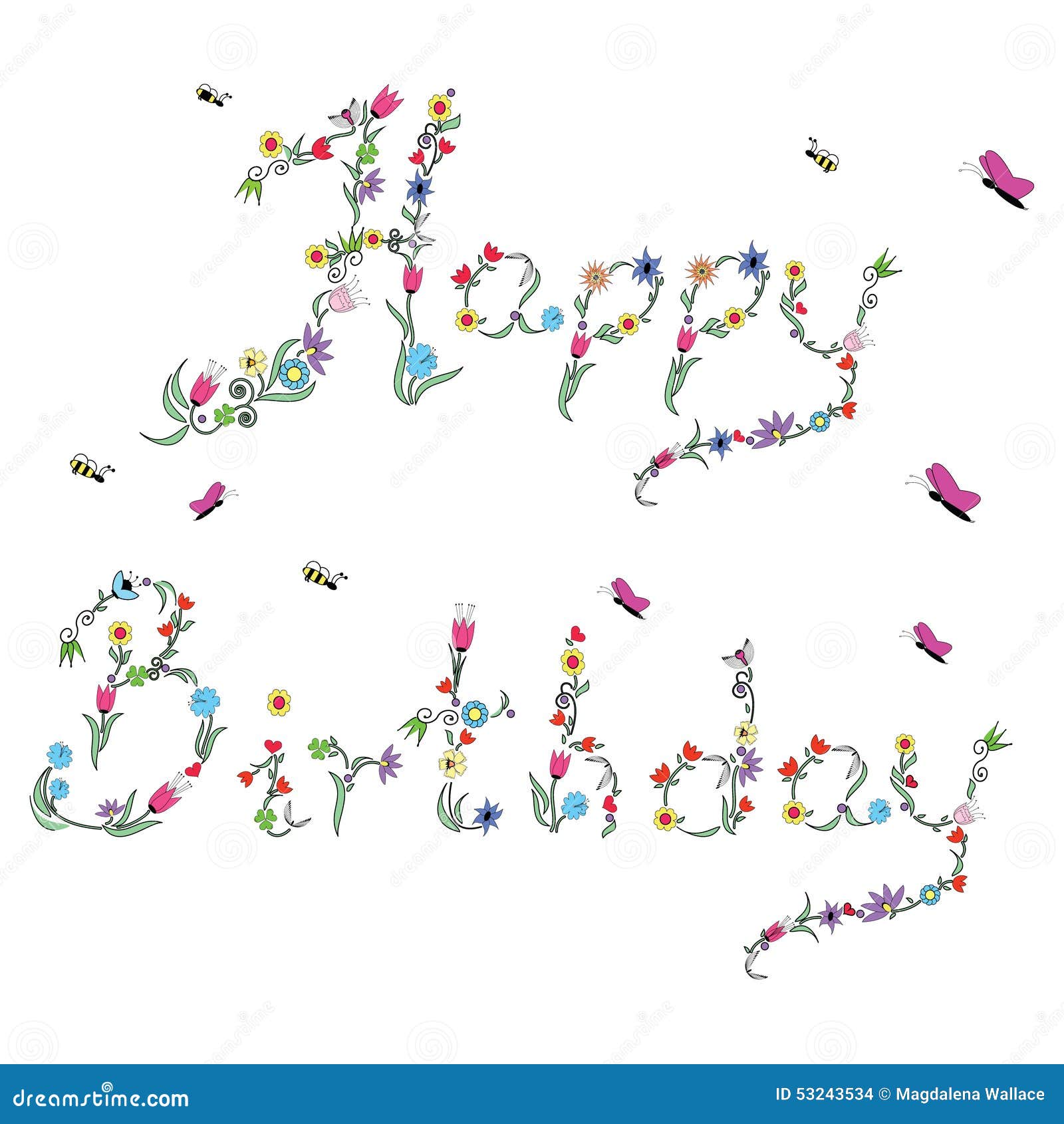 Spring Happy Birthday Sign in Colour with Floral Elements Stock Vector ...