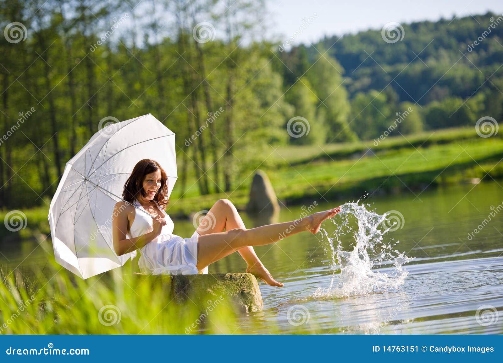 Spring - Happy Romantic Woman Sitting by Lake Stock Image - Image of ...