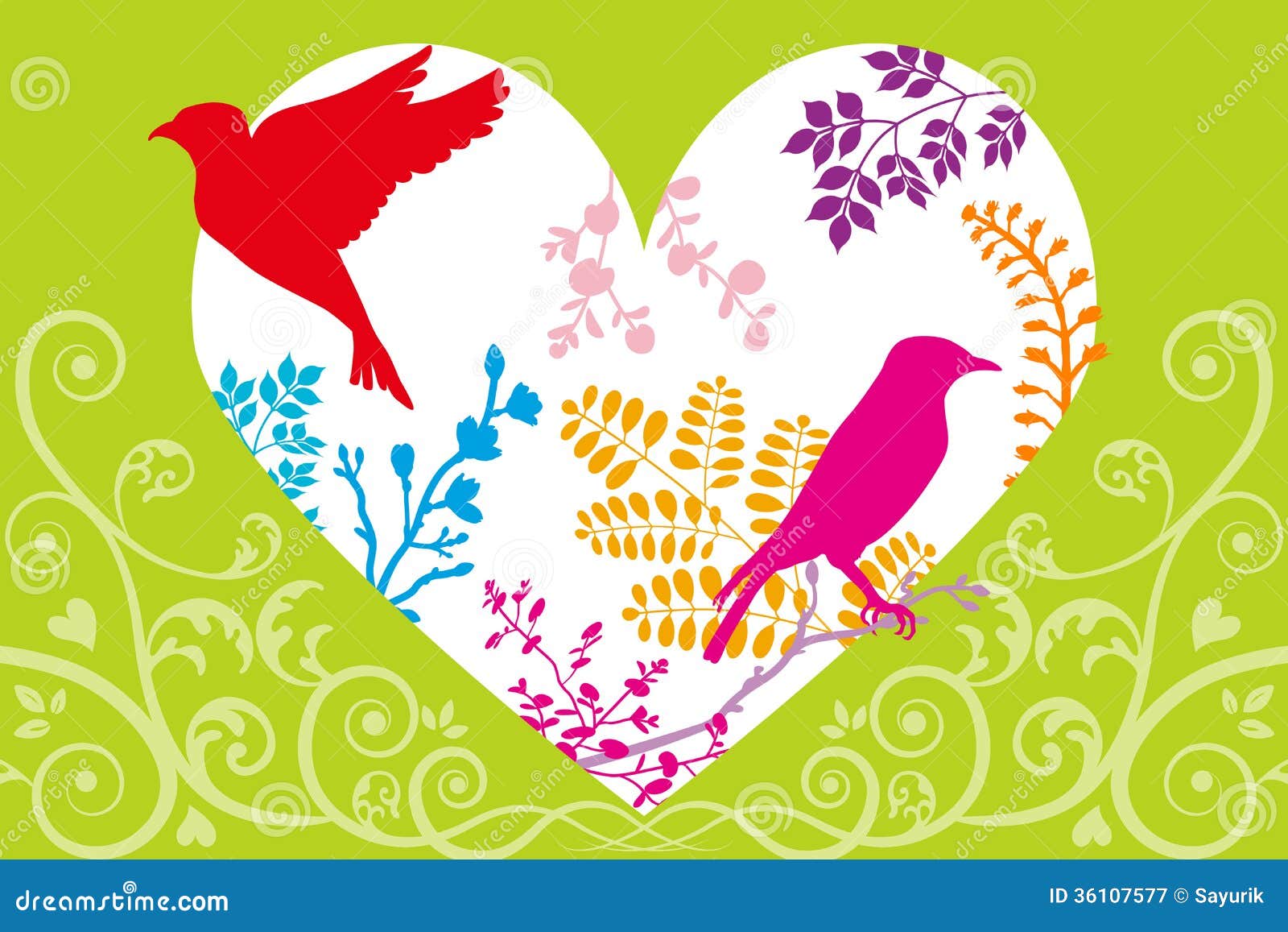 Spring Heart,birds and Plants Stock Vector - Illustration of green ...