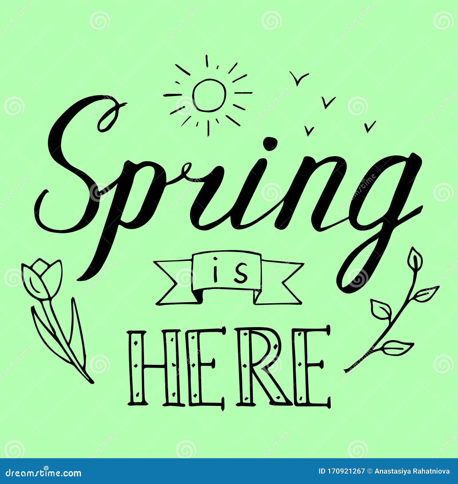 `Spring is Here` Hand Lettering with Decorative Elements Isolated on ...
