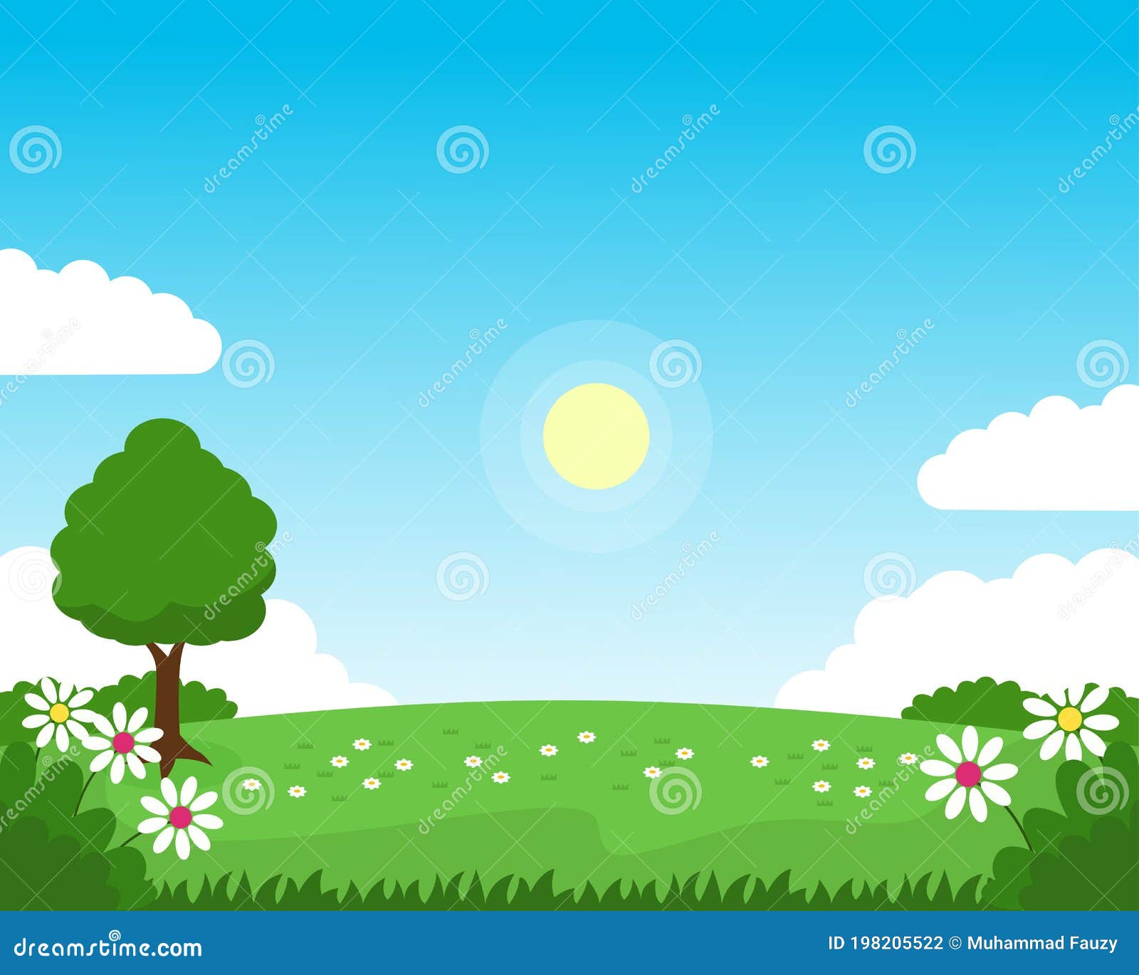 Spring Hill Landscape Vector Illustration with Grass and Flowers Stock ...