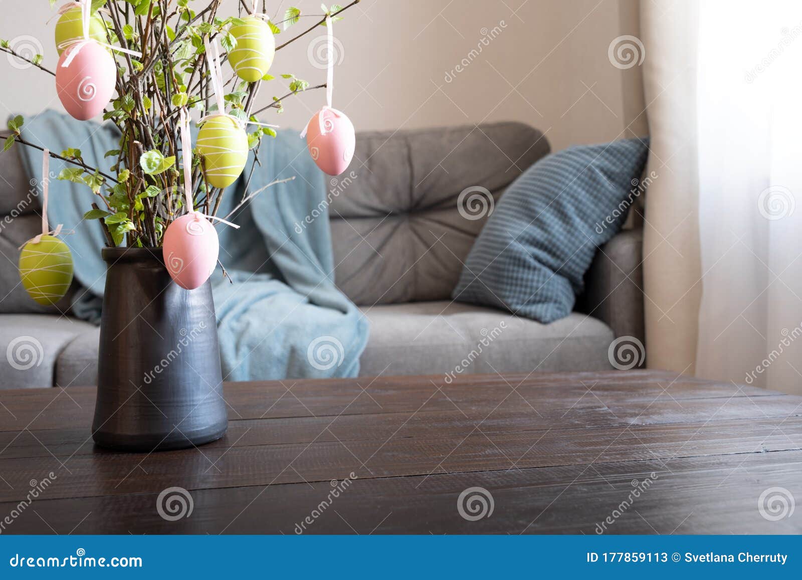 Spring Home Interior with Easter Tree Decorated Colorful Eggs. Self ...