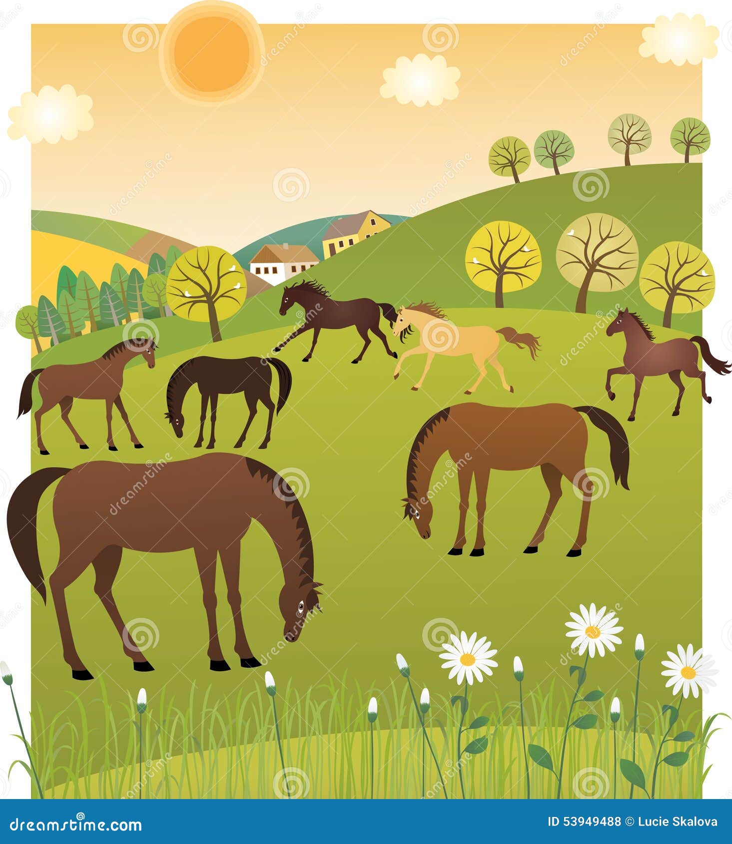 Spring horses stock vector. Illustration of field, beautiful - 53949488