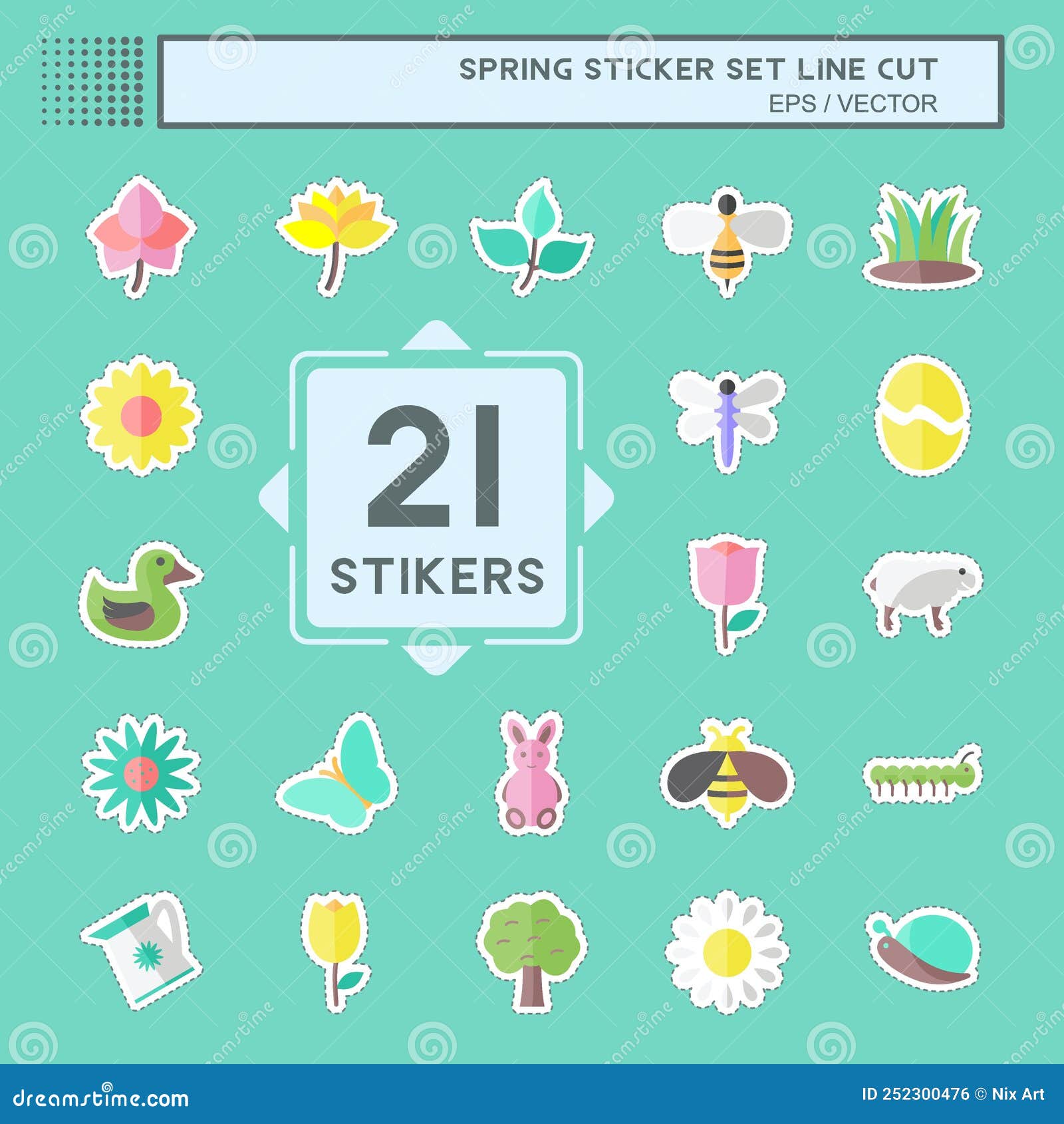 Spring Icon Set Tailor Sticker in Trendy Line Cut Isolated on Blue ...