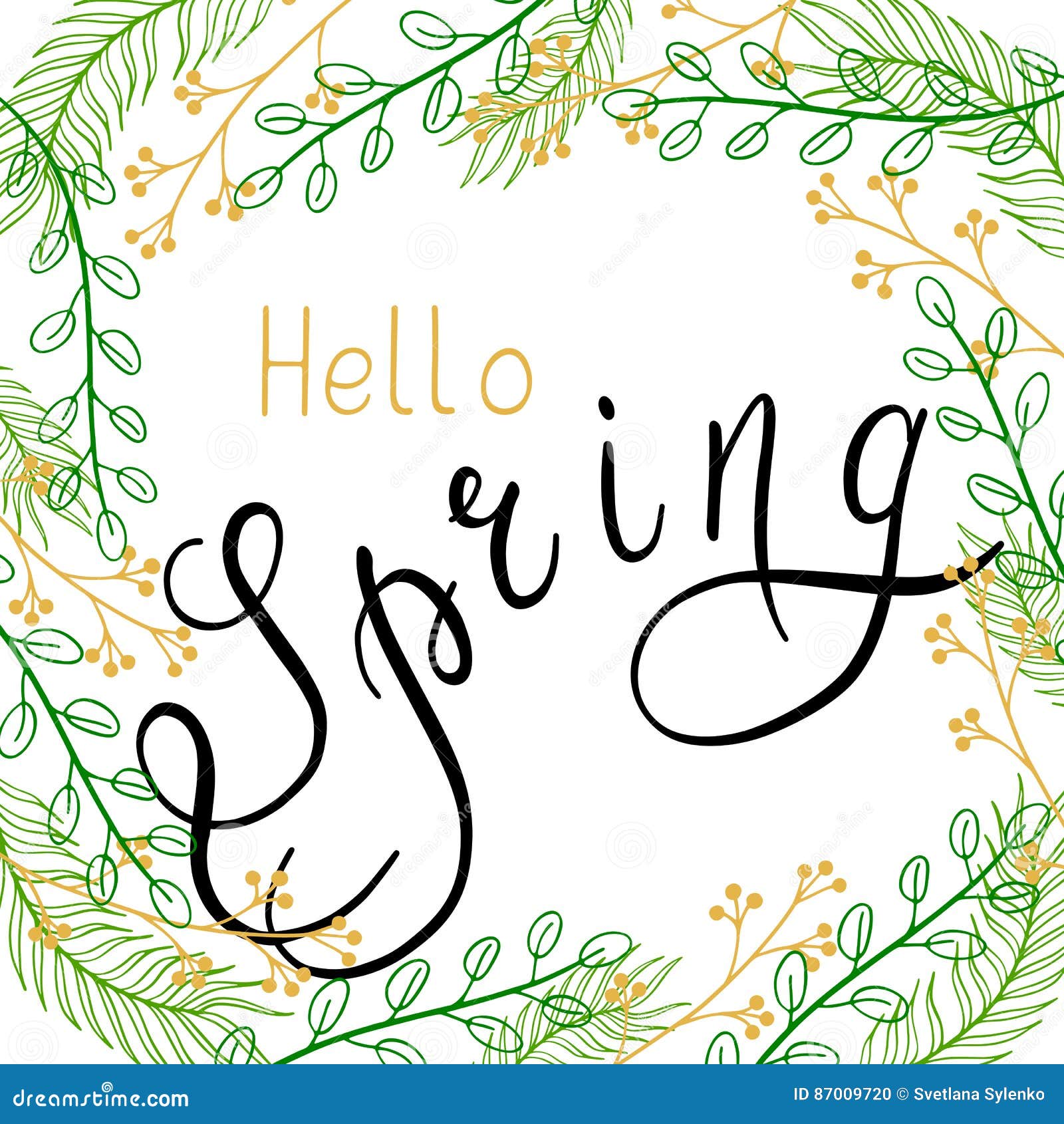 Spring Illustration with Handwritten Text, Leaves and Branches. Stock ...