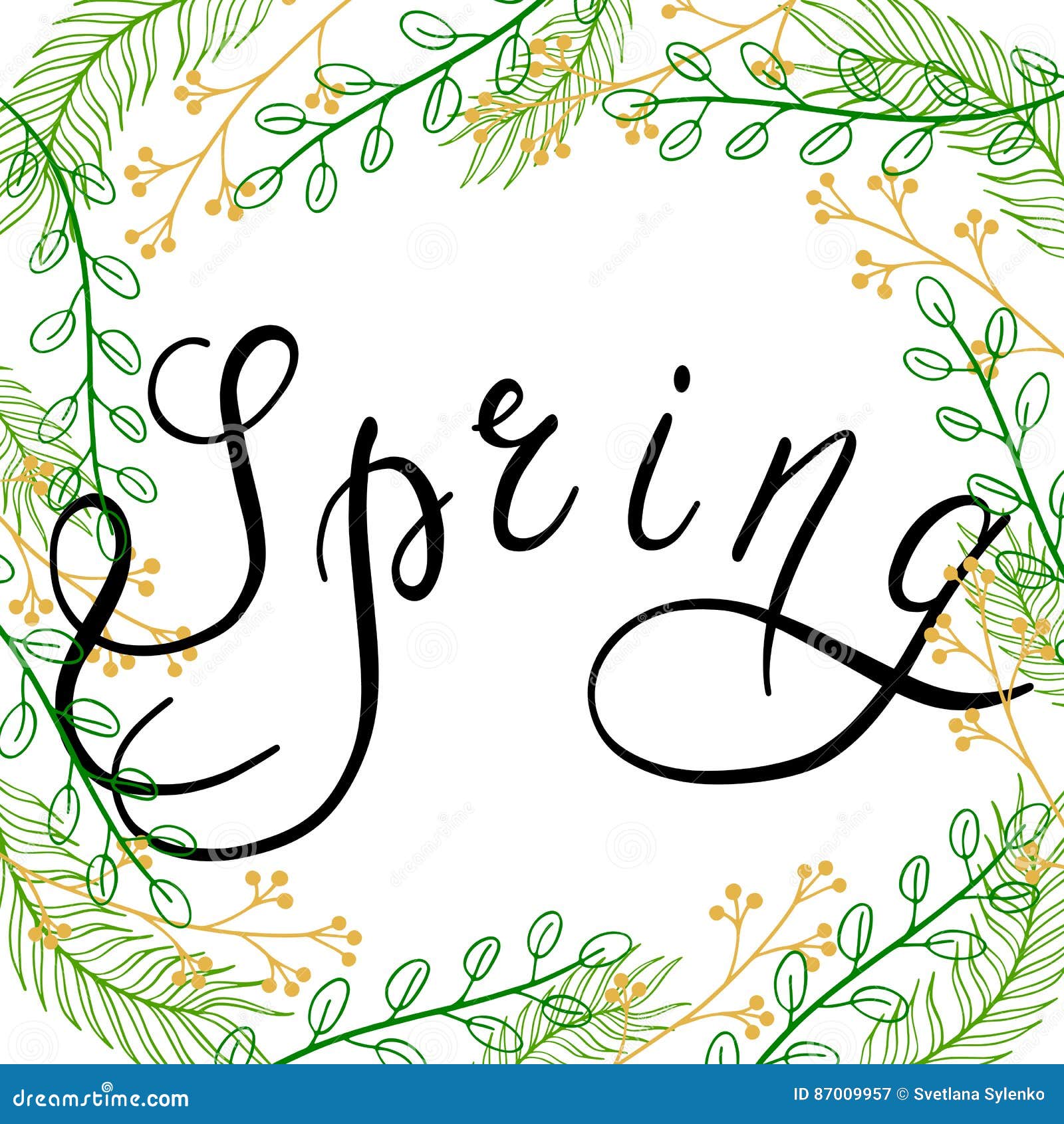 Spring Illustration with Handwritten Text, Leaves and Branches. Stock ...
