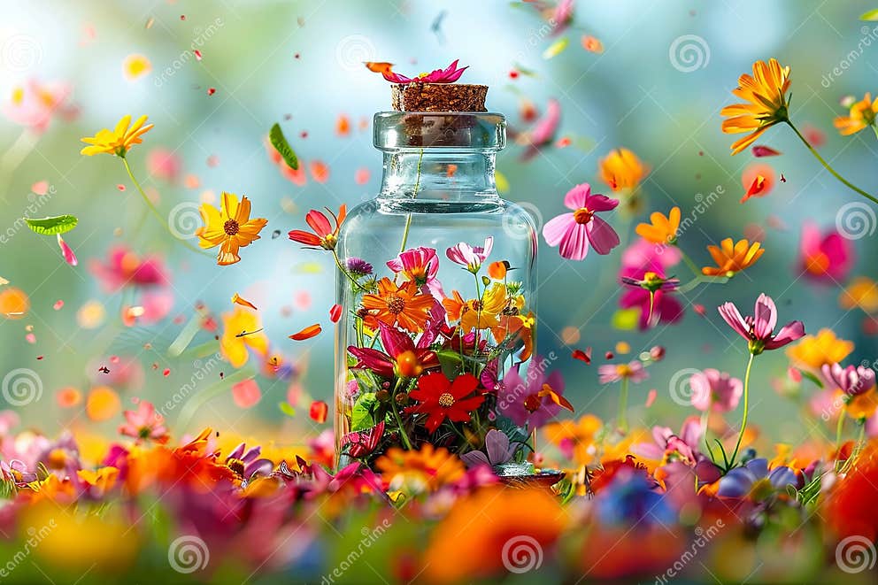 Spring Inside a Bottle Exploding Spreading Vivid Colors Flowers ...