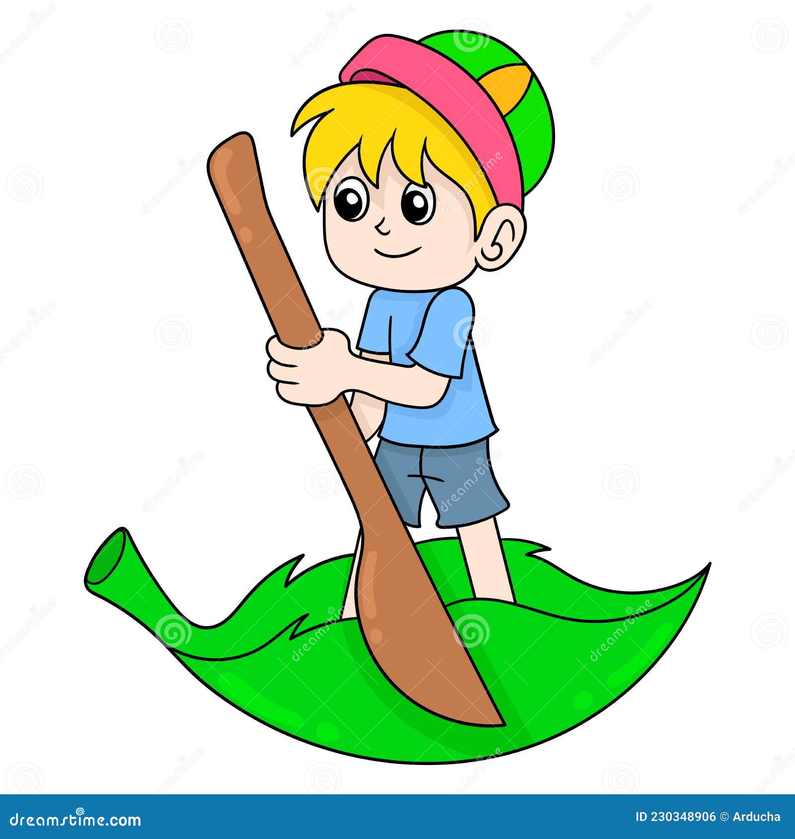 Spring Kid Boy is Rowing Using a Boat from Leaves, Doodle Icon Image ...