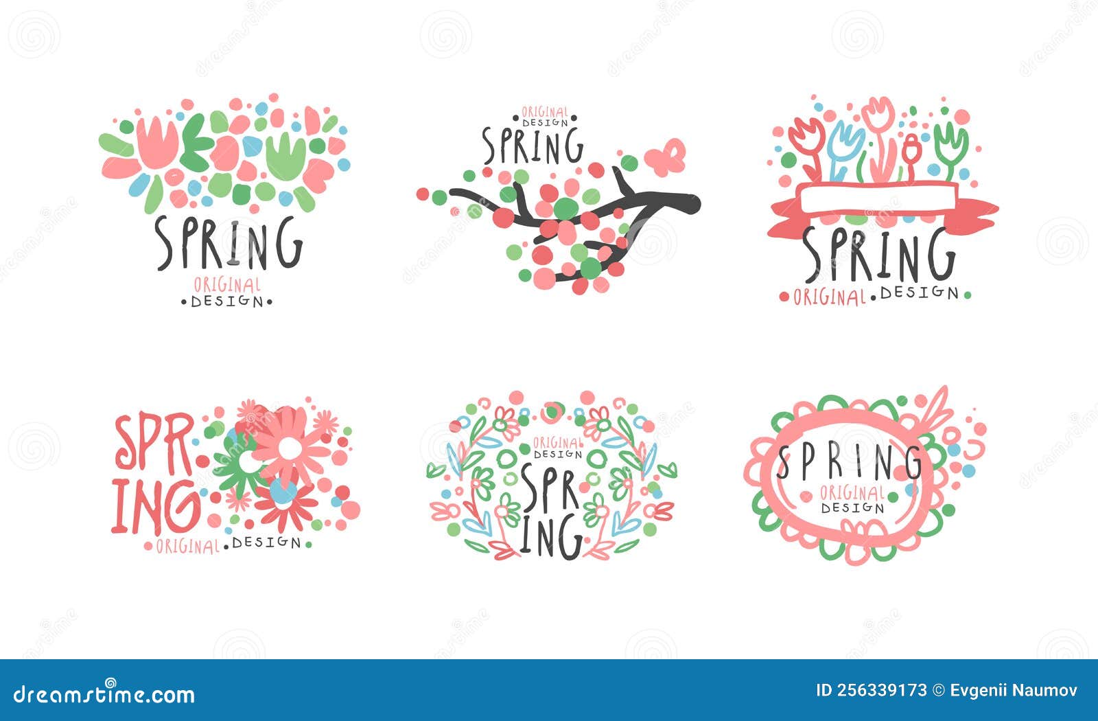 Spring Labels Set. Bright Colorful Labels with Blooming Tree Branches ...