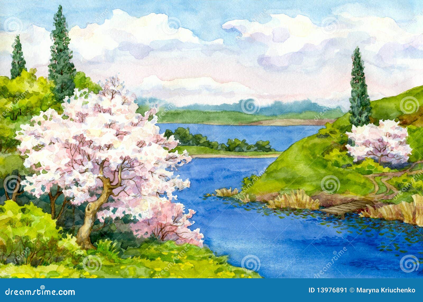 Spring landscape stock illustration. Illustration of flowers - 13976891
