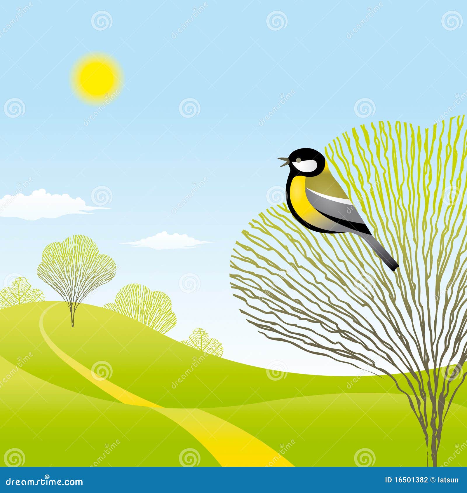 Spring Landscape with a Bird Stock Vector - Illustration of outdoors ...
