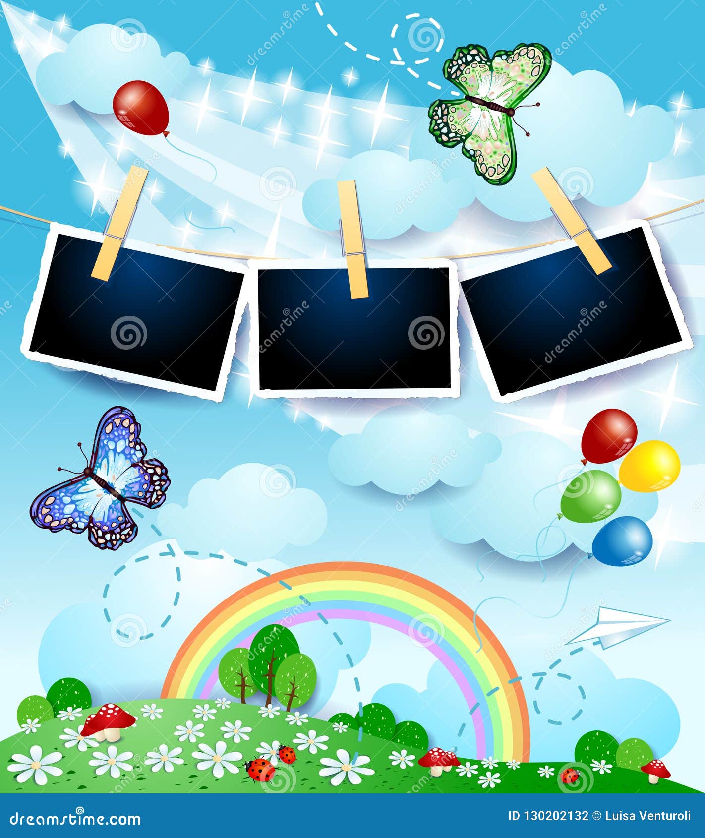 Spring Landscape with Butterflies and Photo Frames Stock Vector ...