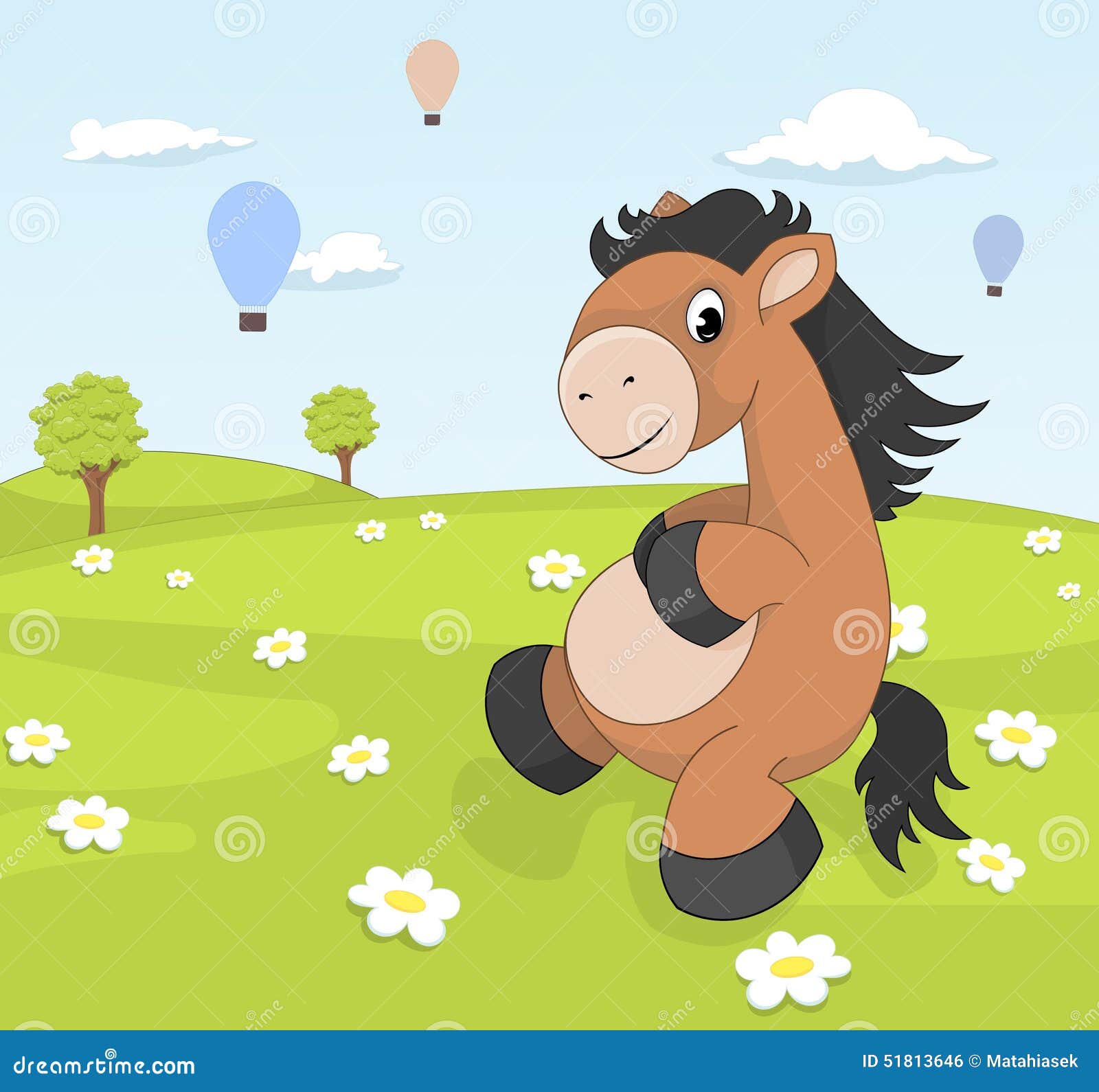 Spring Landscape with Cartoon Pony Stock Illustration - Illustration of ...