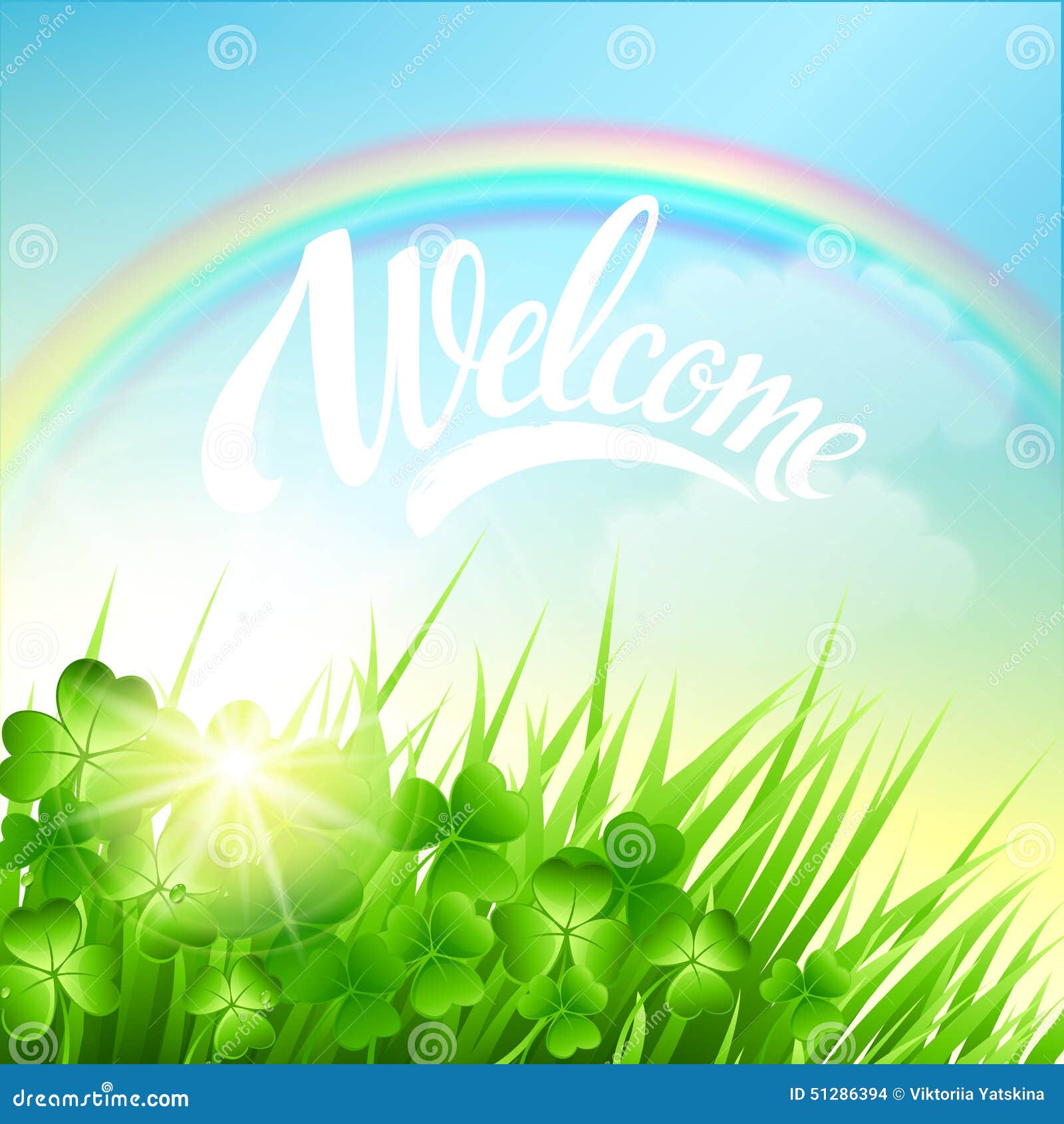 Spring Landscape with Clover and Rainbow Stock Vector - Illustration of ...